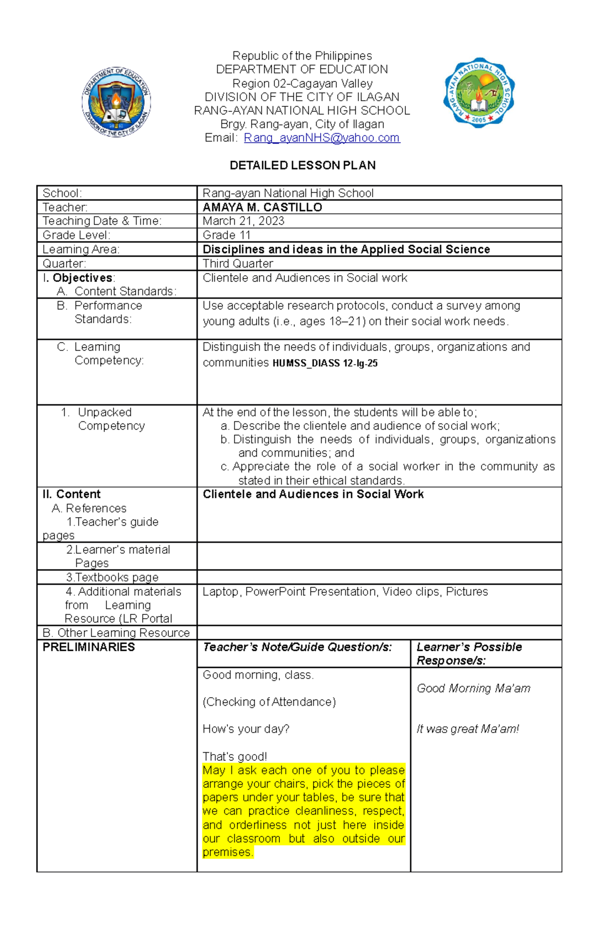 DLP - lesson plan - Republic of the Philippines DEPARTMENT OF EDUCATION ...