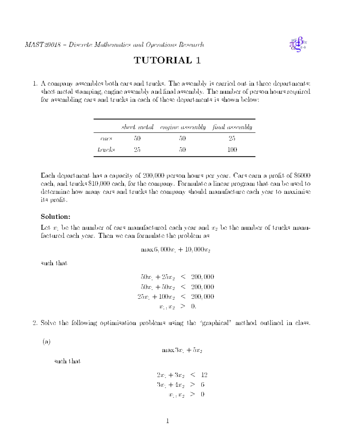 Discrete Maths And Operations Research Mast20018 - Tutorial 1 solution - TUTORIAL 1 A company ...