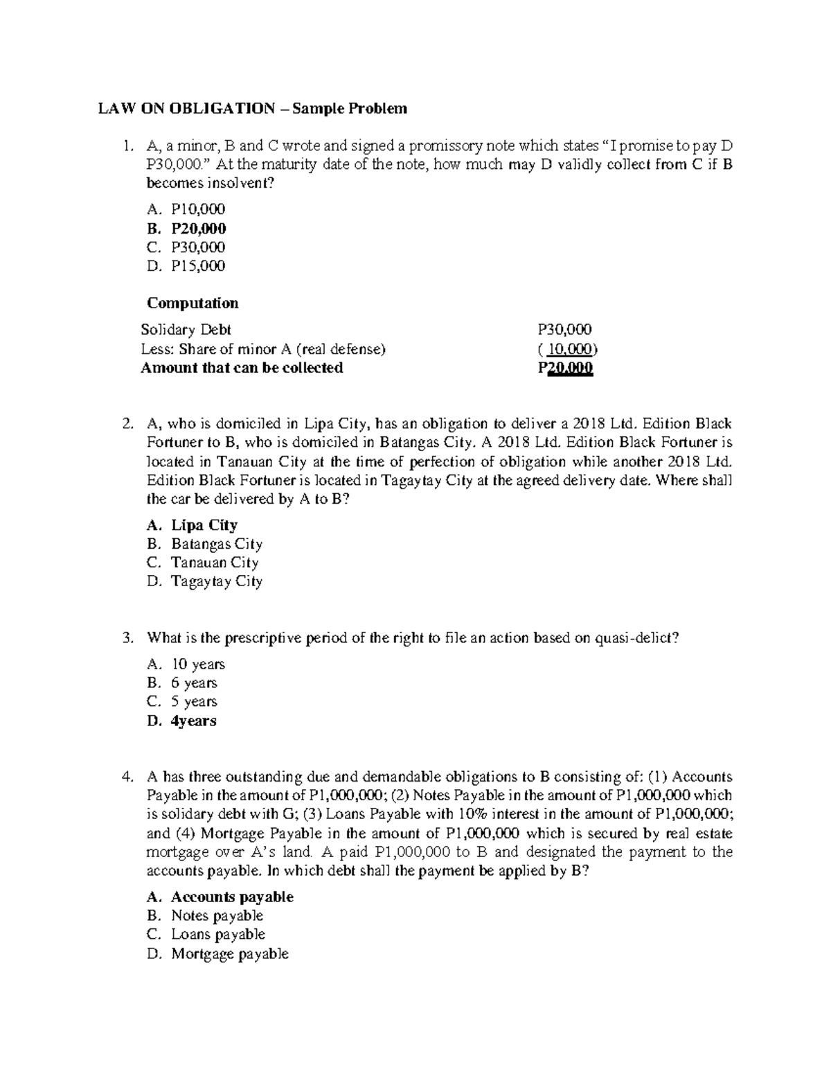 Law on Obligation - LAW ON OBLIGATION – Sample Problem A, a minor, B ...