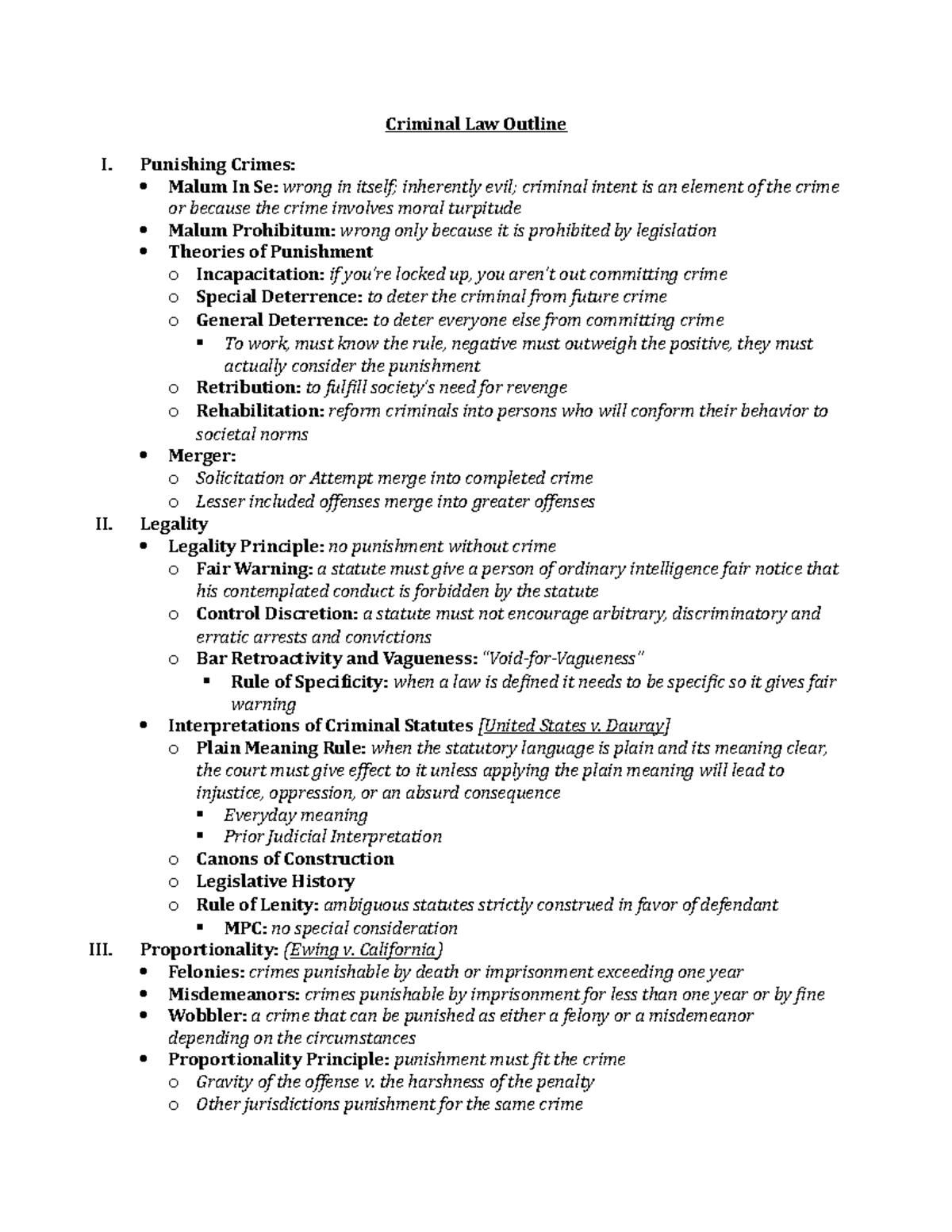 Criminal Law - Prof. Haas 3 - Criminal Law Outline I. Punishing Crimes ...