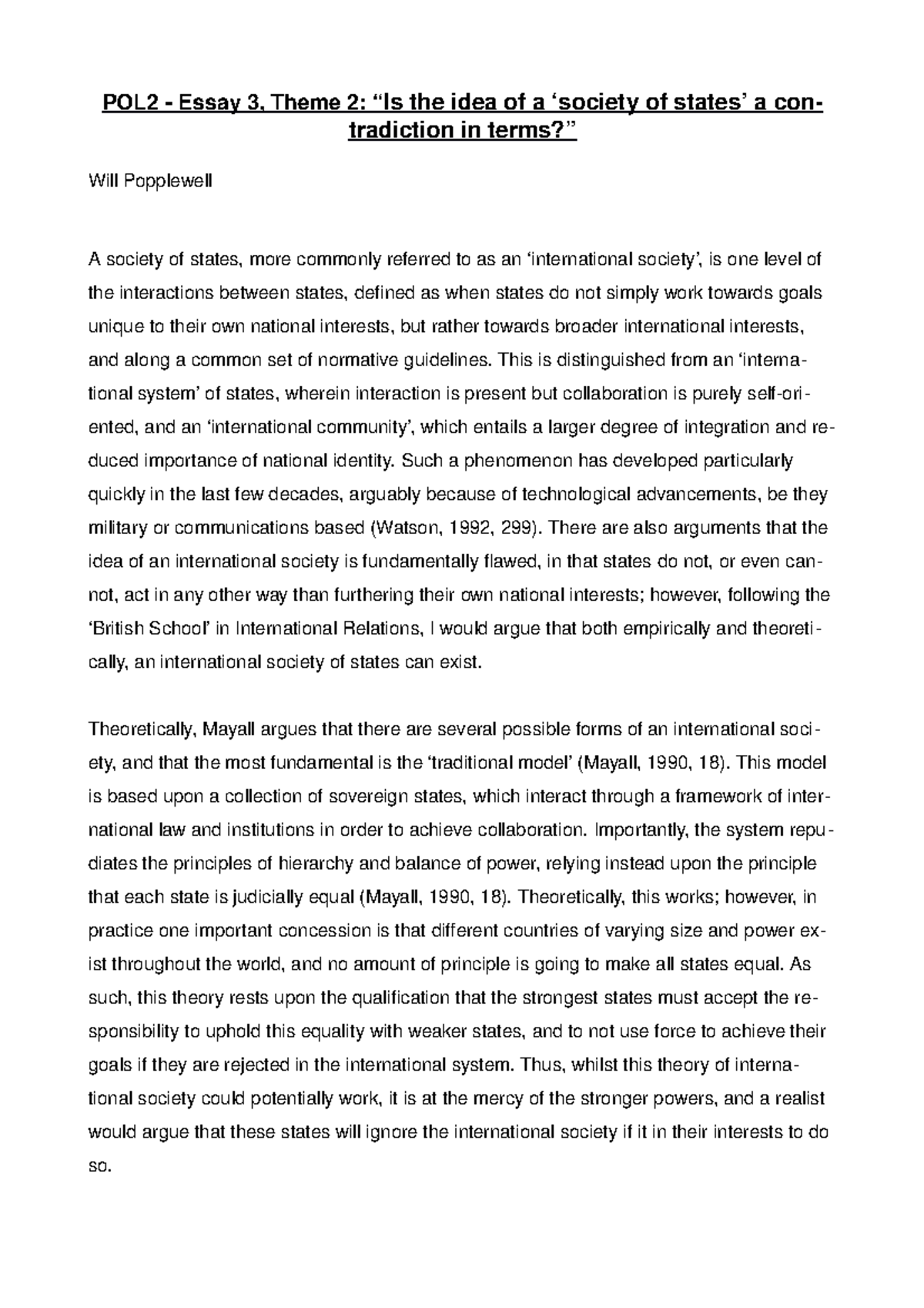 POL2 - Essay 3, “Is the idea of a ‘society of states’ a contradiction ...