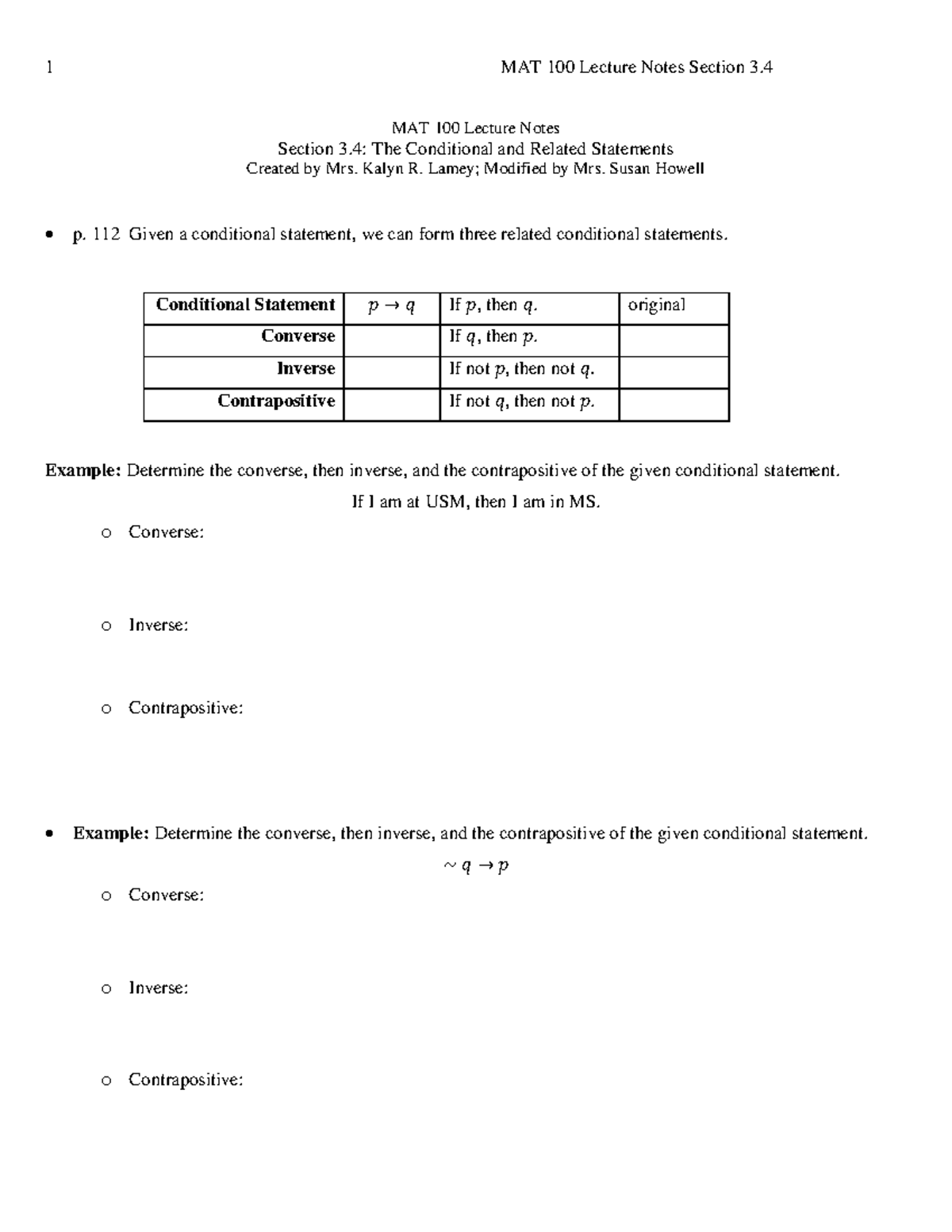 MAT 100 Lecture Notes 3 - 1 MAT 100 Lecture Notes Section 3 MAT 100 ...