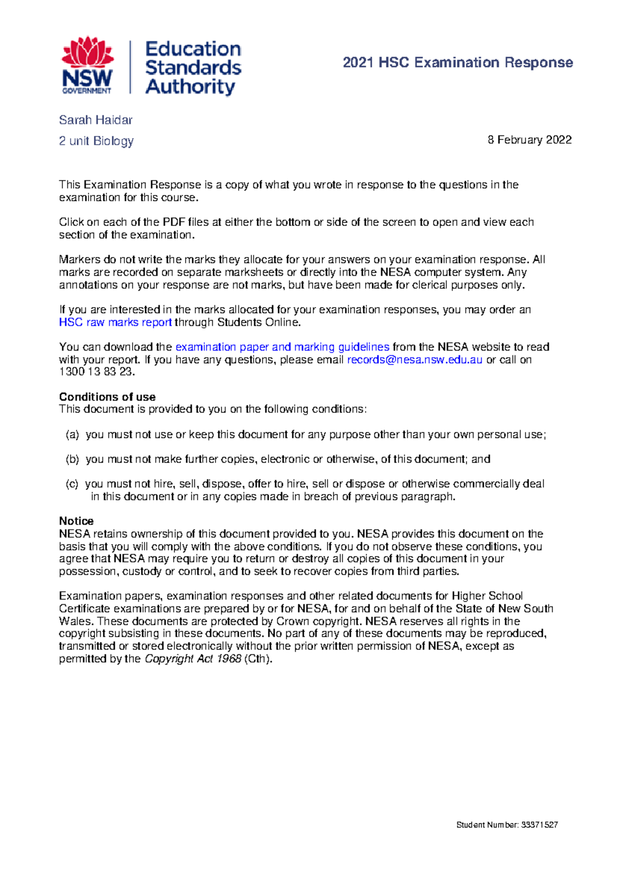 HSC paper - 2021 HSC Examination Response Sarah Haidar 2 unit Biology 8 ...