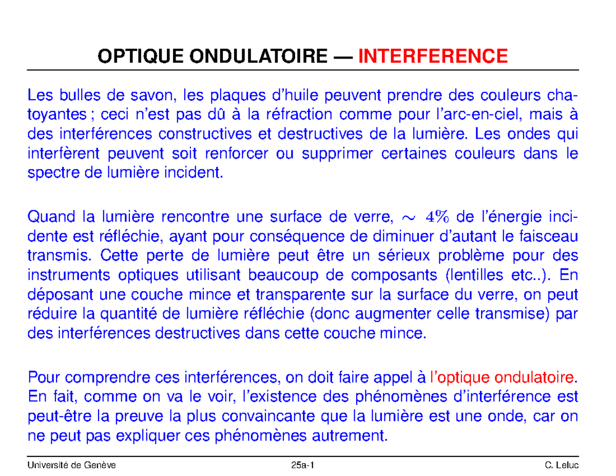 Optique Ondulatoire-résumés-02 - OPTIQUE ONDULATOIRE — INTERFERENCE Les ...