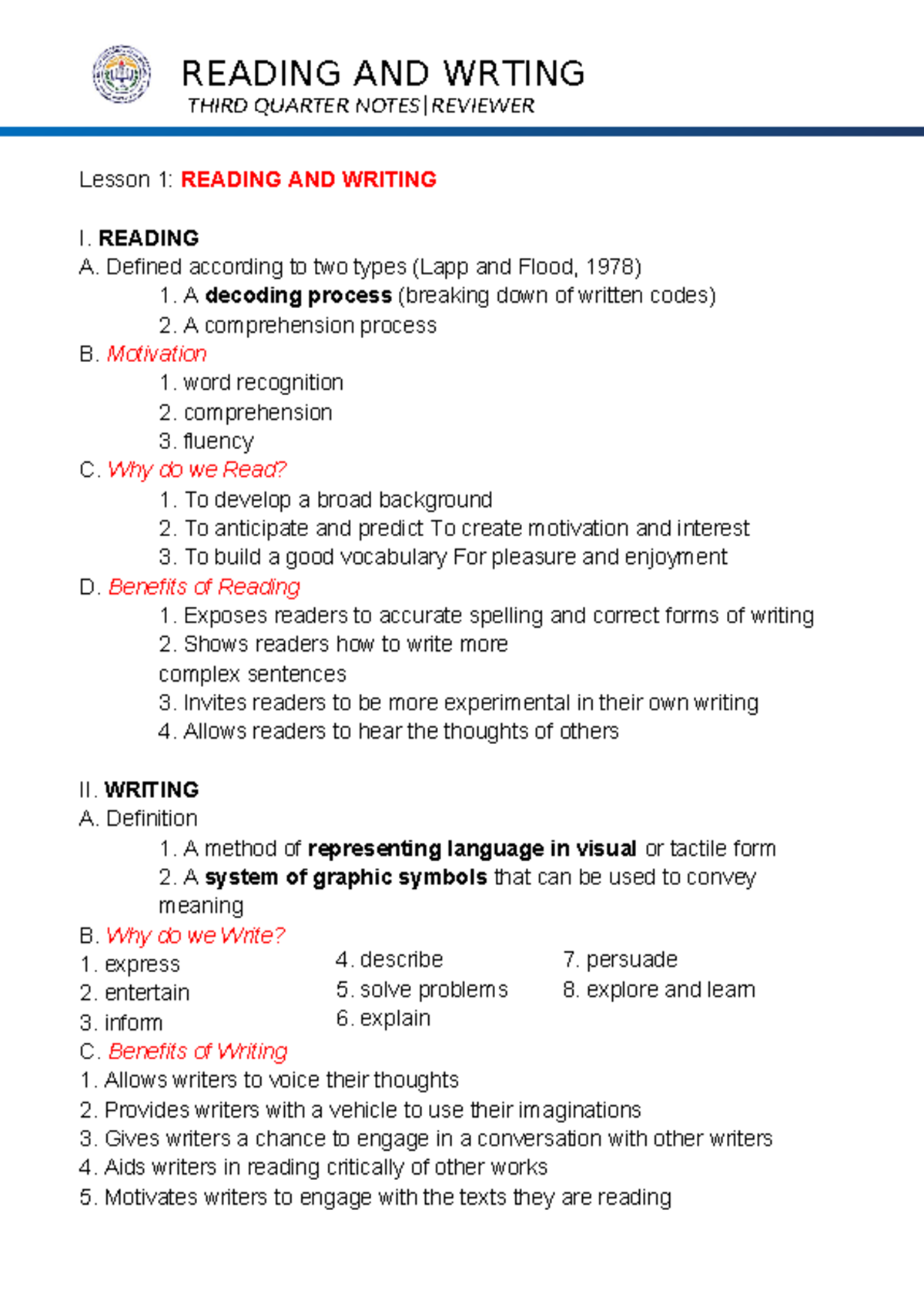 Ra W-Q3- Notes - THIRD QUARTER NOTES|REVIEWER Lesson 1: READING AND ...