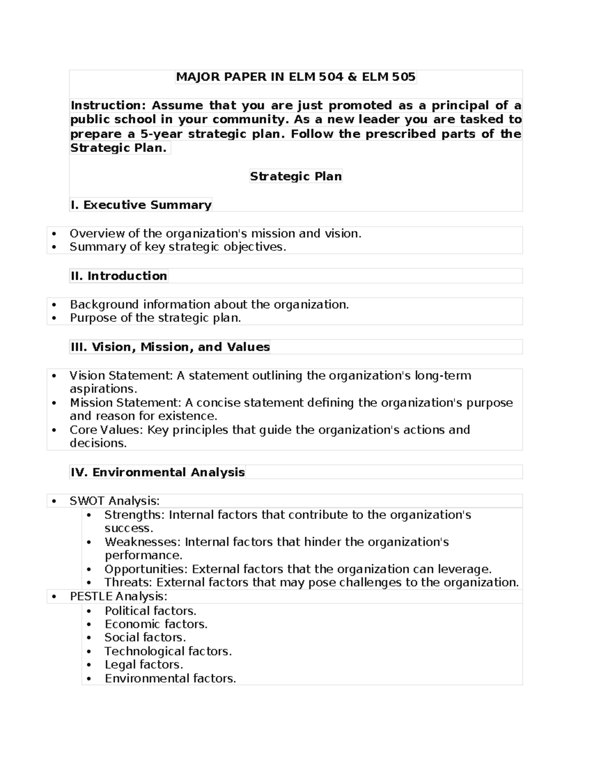 Strategic-Plan - course outline - MAJOR PAPER IN ELM 504 & ELM 505 Instruction: Assume that you ...