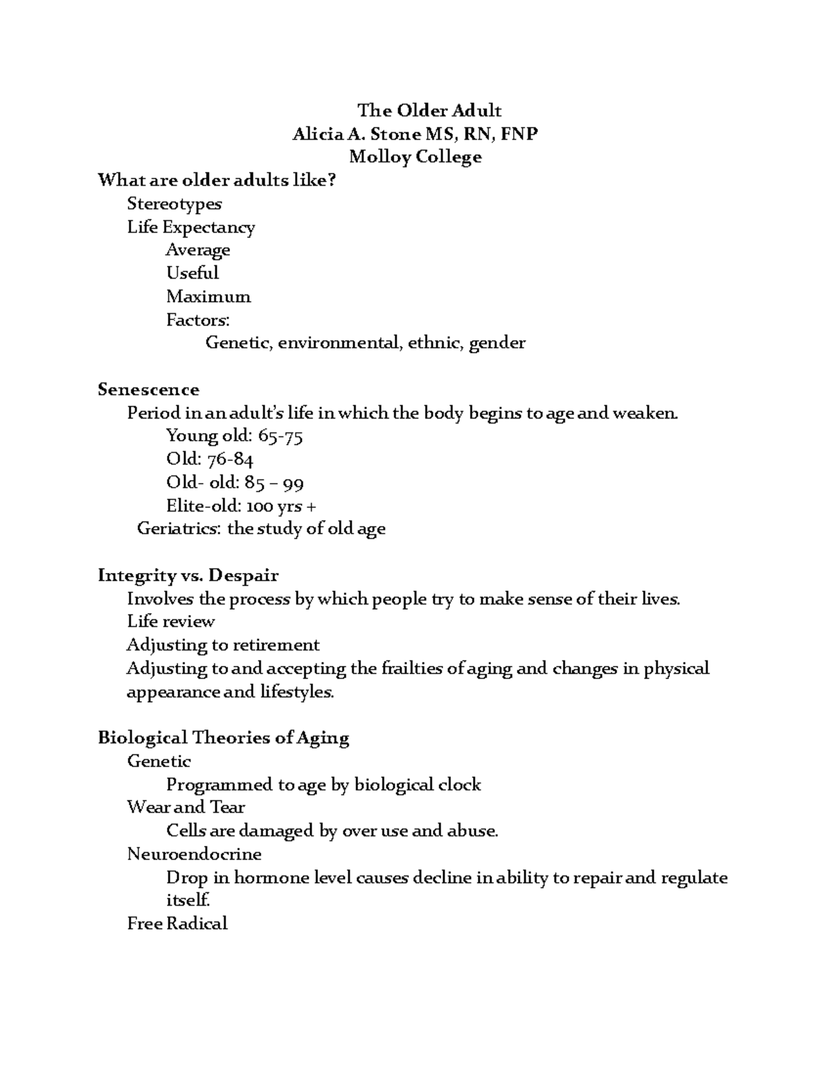 The Older Adult Outline - The Older Adult Alicia A. Stone MS, RN, FNP ...