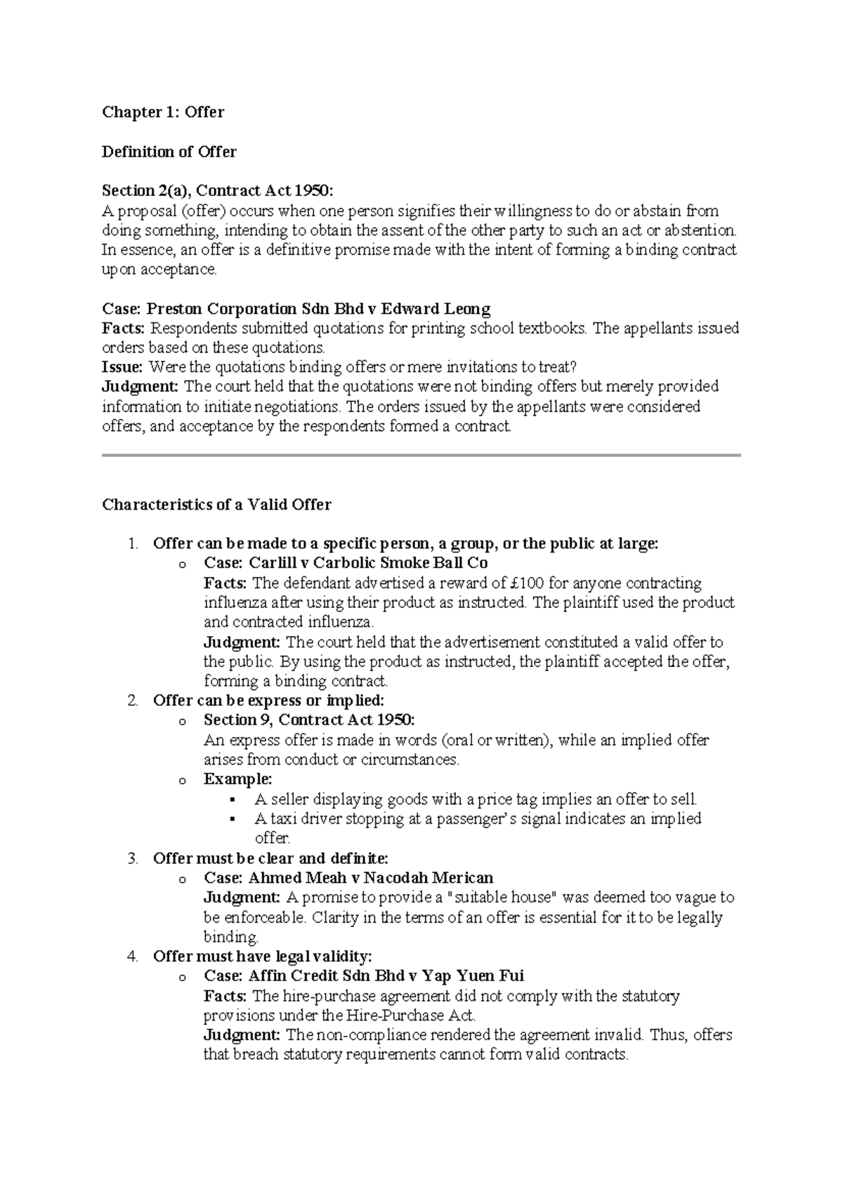 Contracts Chapt 1-2 Essay Notes - Chapter 1: Offer Definition of Offer ...