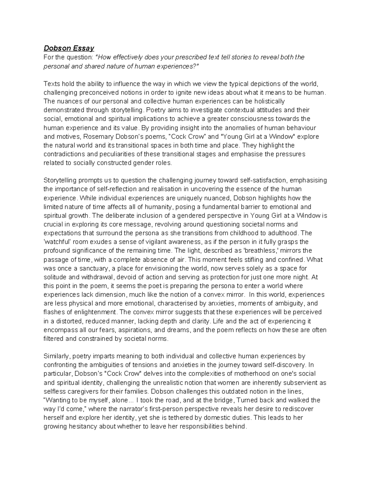 Dobson Essay Trials - Cock Crow and Young Girl at a Window - Dobson ...