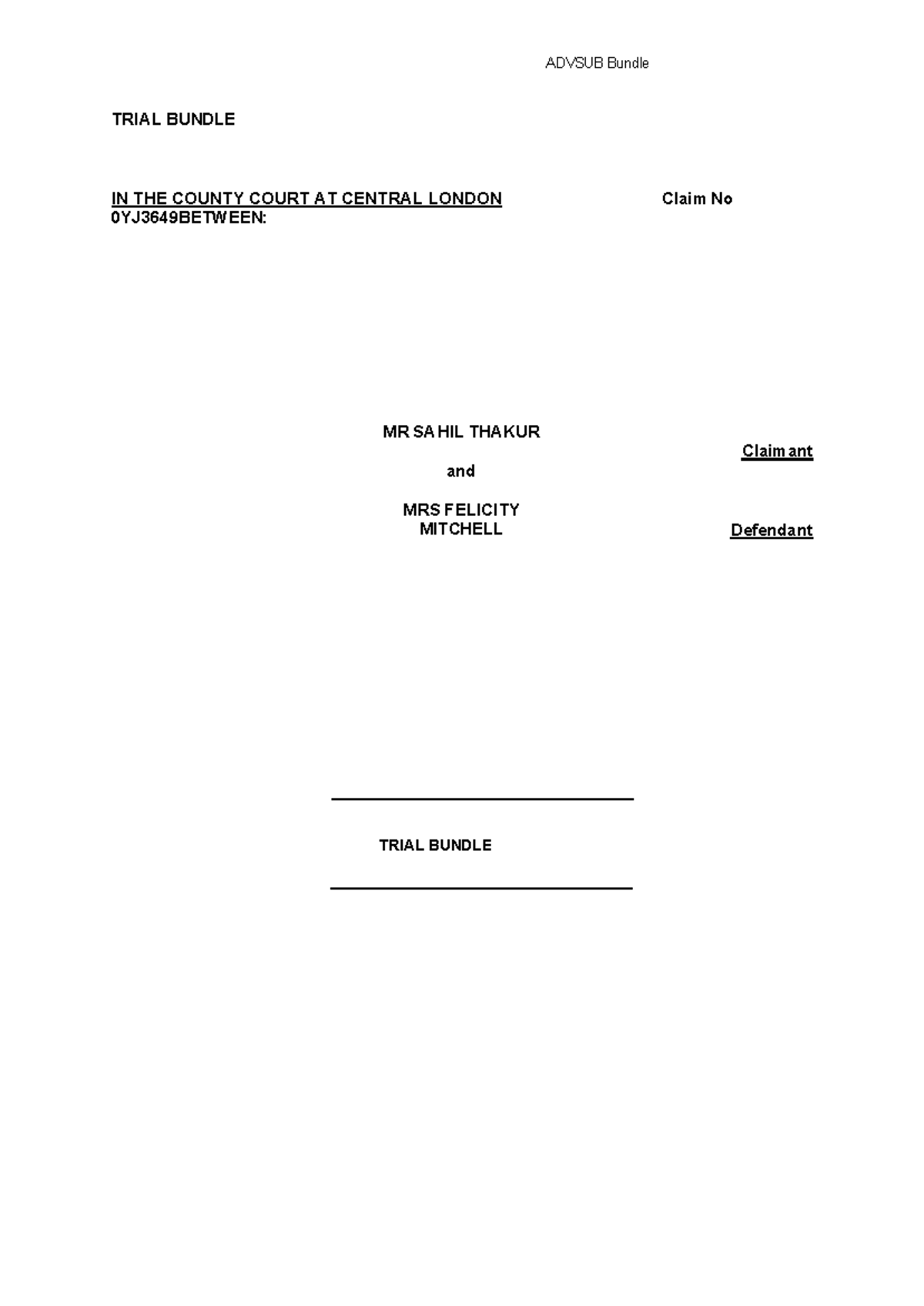 Trial Bundle Thakur v Mitchell 2023 - TRIAL BUNDLE IN THE COUNTY COURT ...