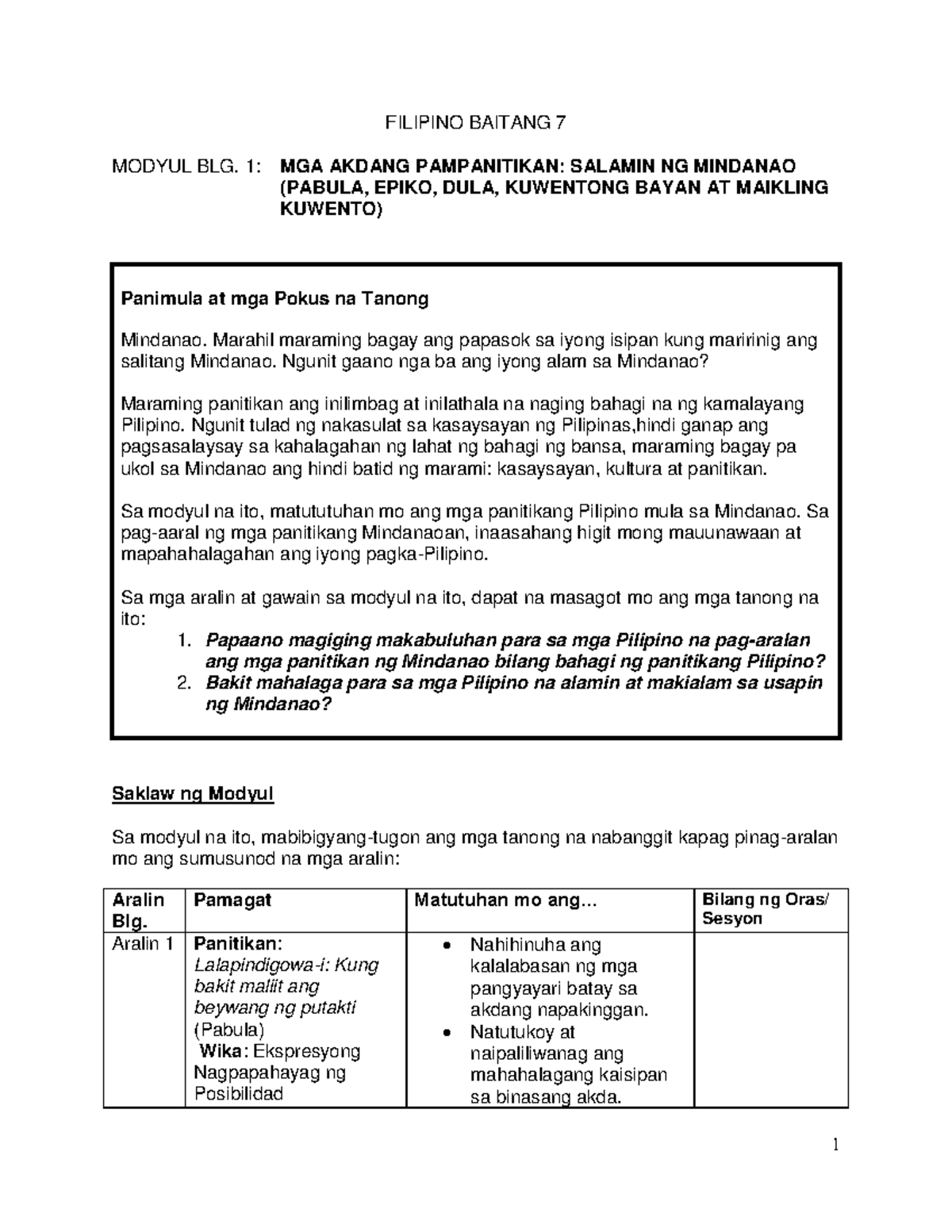 Filipino Gr 7Qtr1-Reg - teachers guide - FILIPINO BAITANG 7 MODYUL BLG ...