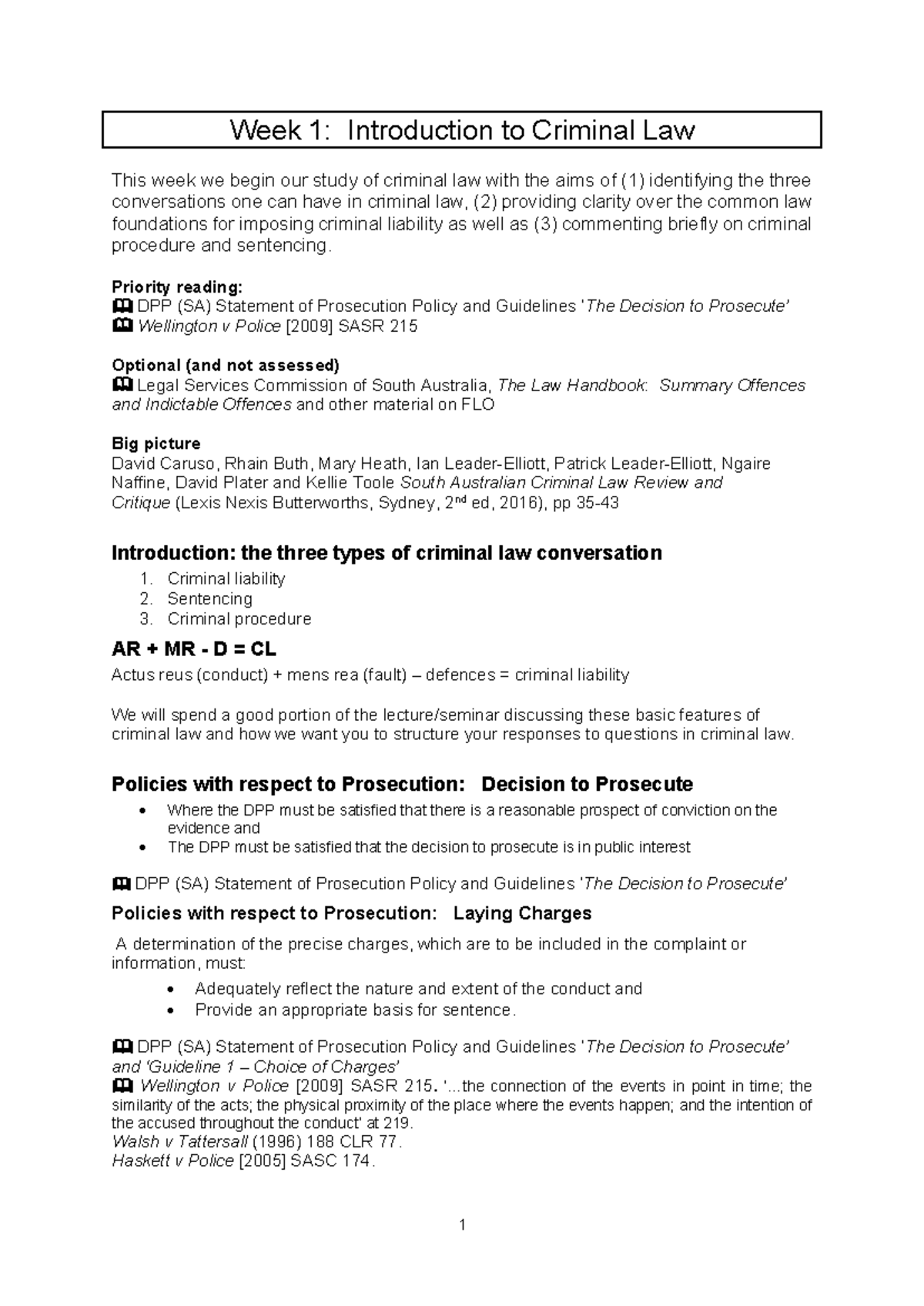 Criminal Law Notes-Week 1 - 1 Week 1: Introduction to Criminal Law This ...