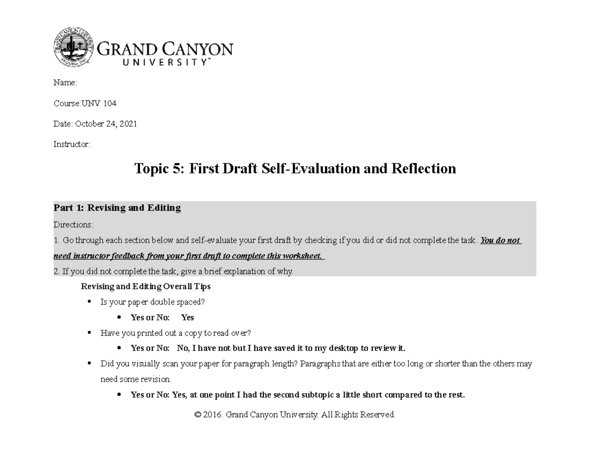 Self reflection rough draft - Name: Course:UNV 104 Date: October 24 ...