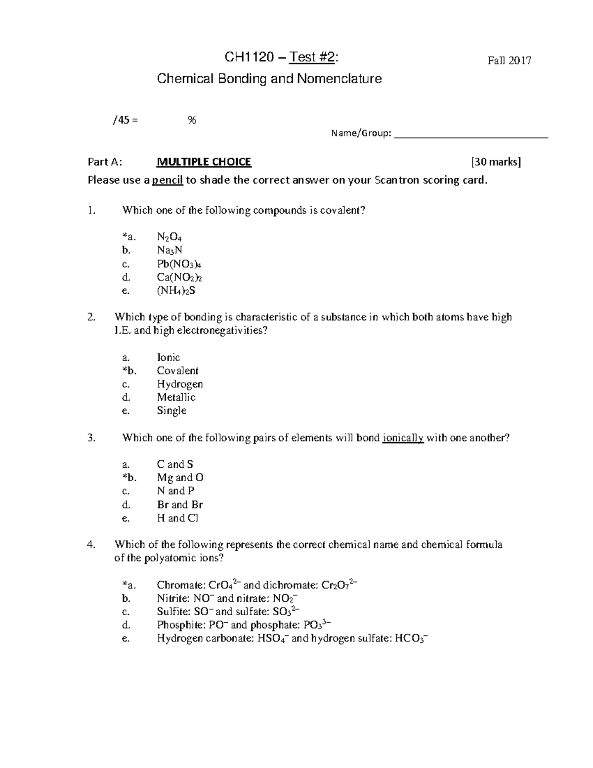 Test 2 Key November 2017 - CH1120 – Test #2: Chemical Bonding and ...