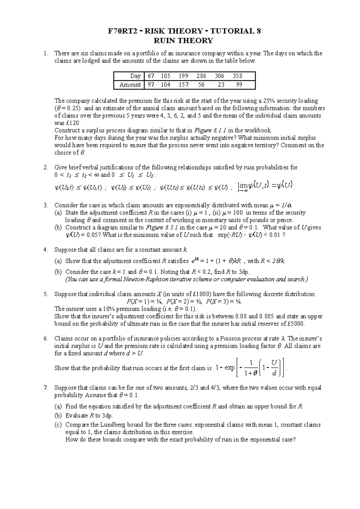 RT F70RT2 TUT8 2016 - dsfdsf - F70RT2 RISK THEORY TUTORIAL 8 RUIN ...