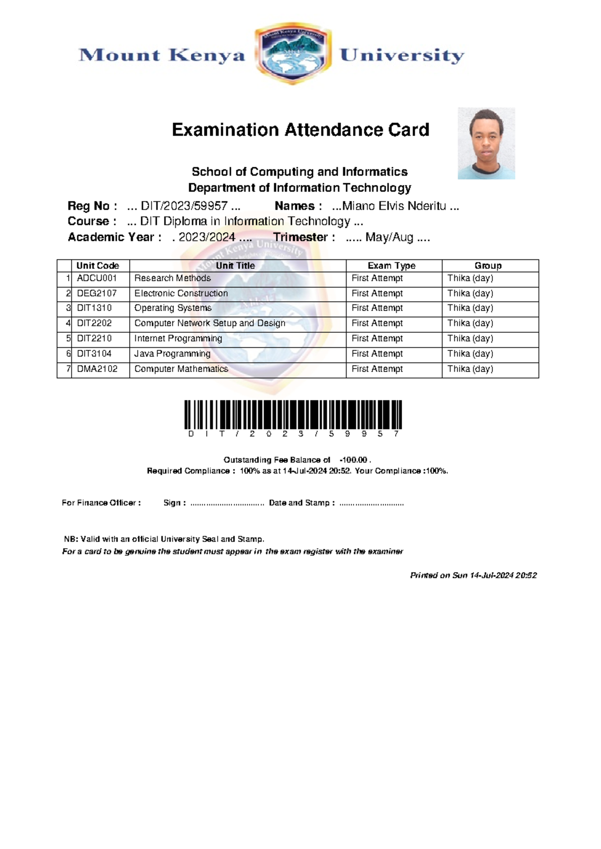 MAIN EXAM - Exam timetable - Examination Attendance Card School of ...