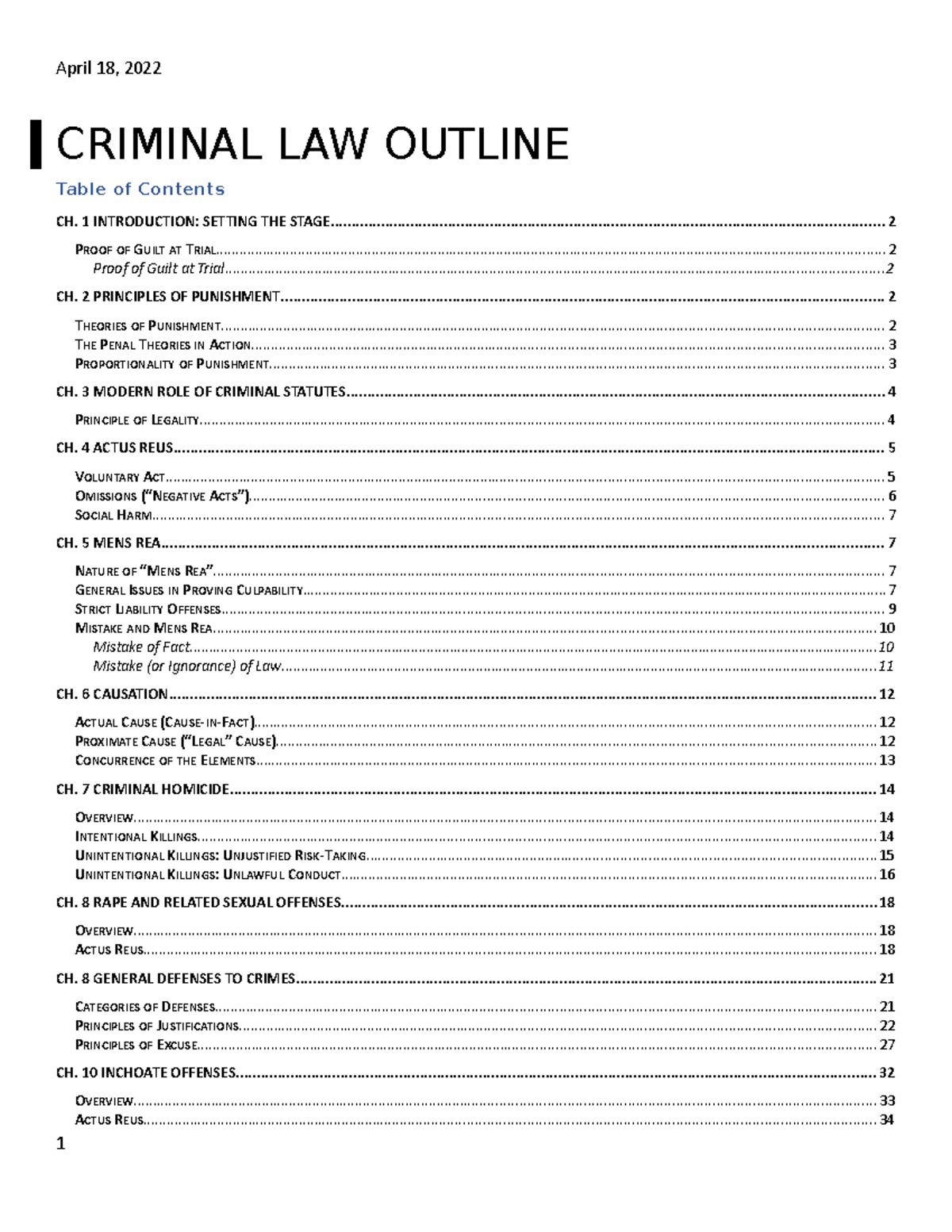 Criminal Law Outline - CRIMINAL LAW OUTLINE CH. 1 INTRODUCTION: SETTING ...