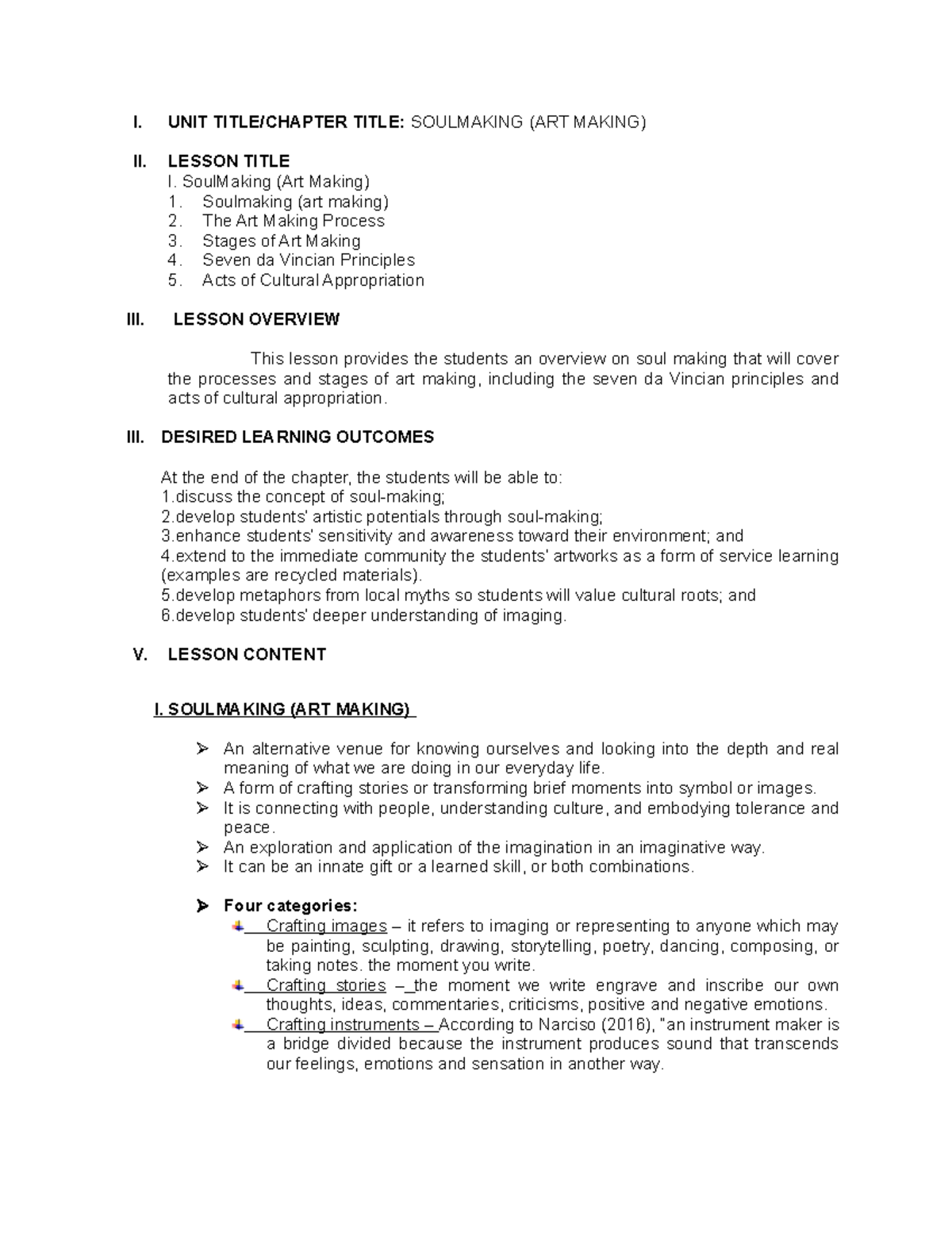 Art Making - I. UNIT TITLE/CHAPTER TITLE: SOULMAKING (ART MAKING) II ...
