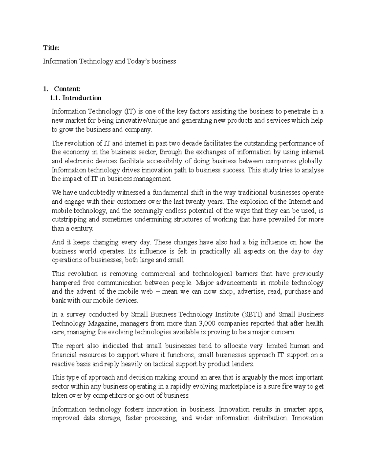 Assignment 1 - Efficiencies of Network Effects - Title: Information Technology and Today’s ...