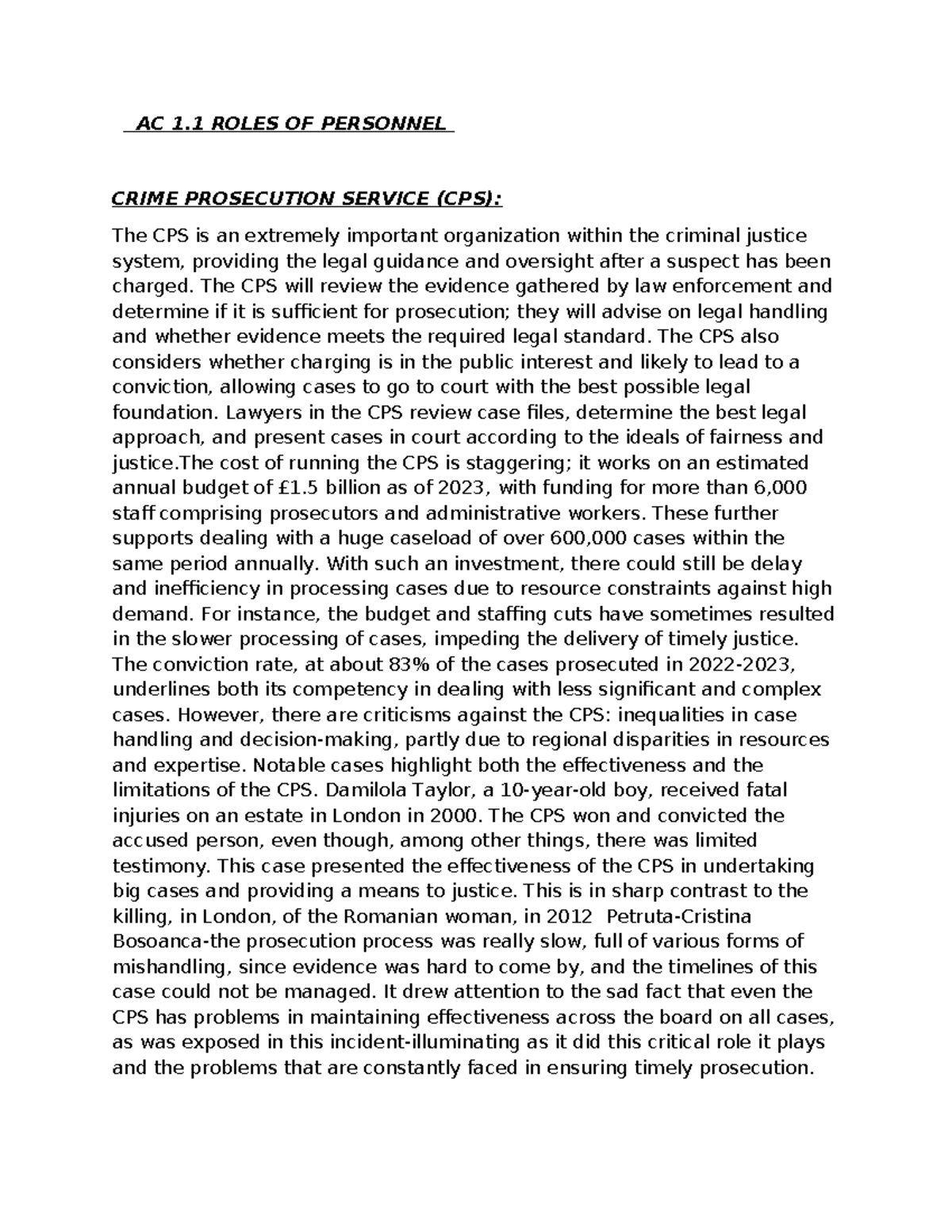 AC 1.1 Roles OF Personnel 1 - AC 1 ROLES OF PERSONNEL CRIME PROSECUTION ...