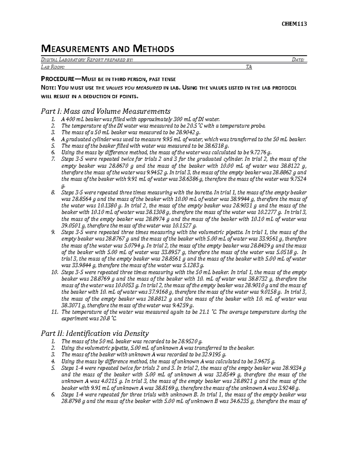 Experiment 1 - Measurements and Methods - MEASUREMENTS AND METHODS ...