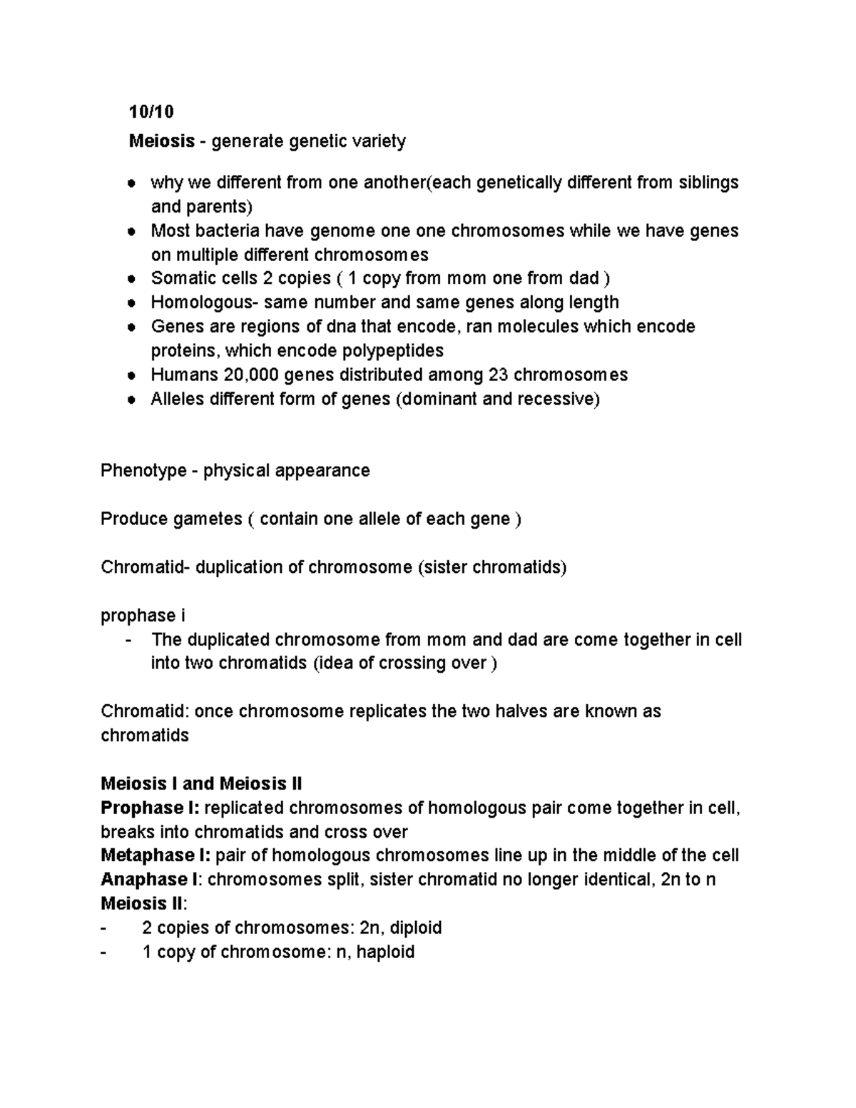 Biology Week 10 10 -10 14 - 10/ Meiosis - generate genetic variety why ...