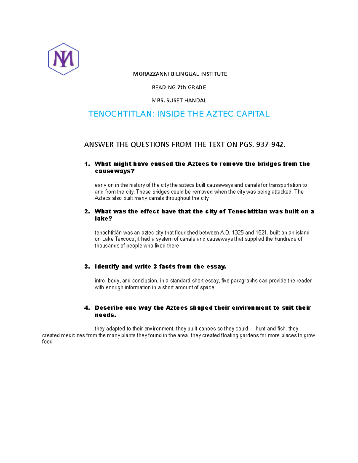 7th READ 7th Tenochtitlan - MORAZZANNI BILINGUAL INSTITUTE READING 7th ...