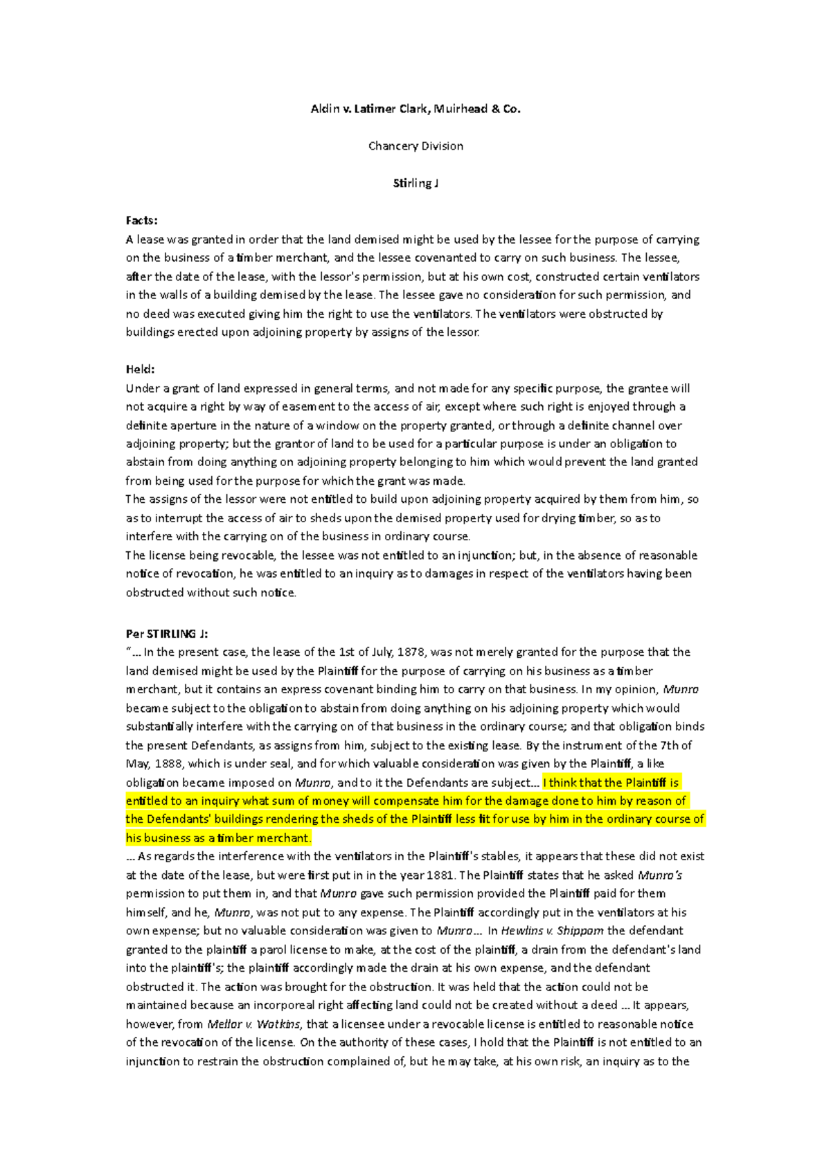 Aldin v Clark Summary - LandT notes - Aldin v. Latimer Clark, Muirhead ...
