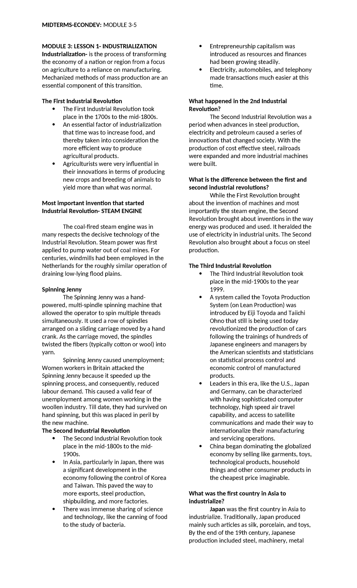 Econdev Midterms - notes - MODULE 3: LESSON 1- INDUSTRIALIZATION ...