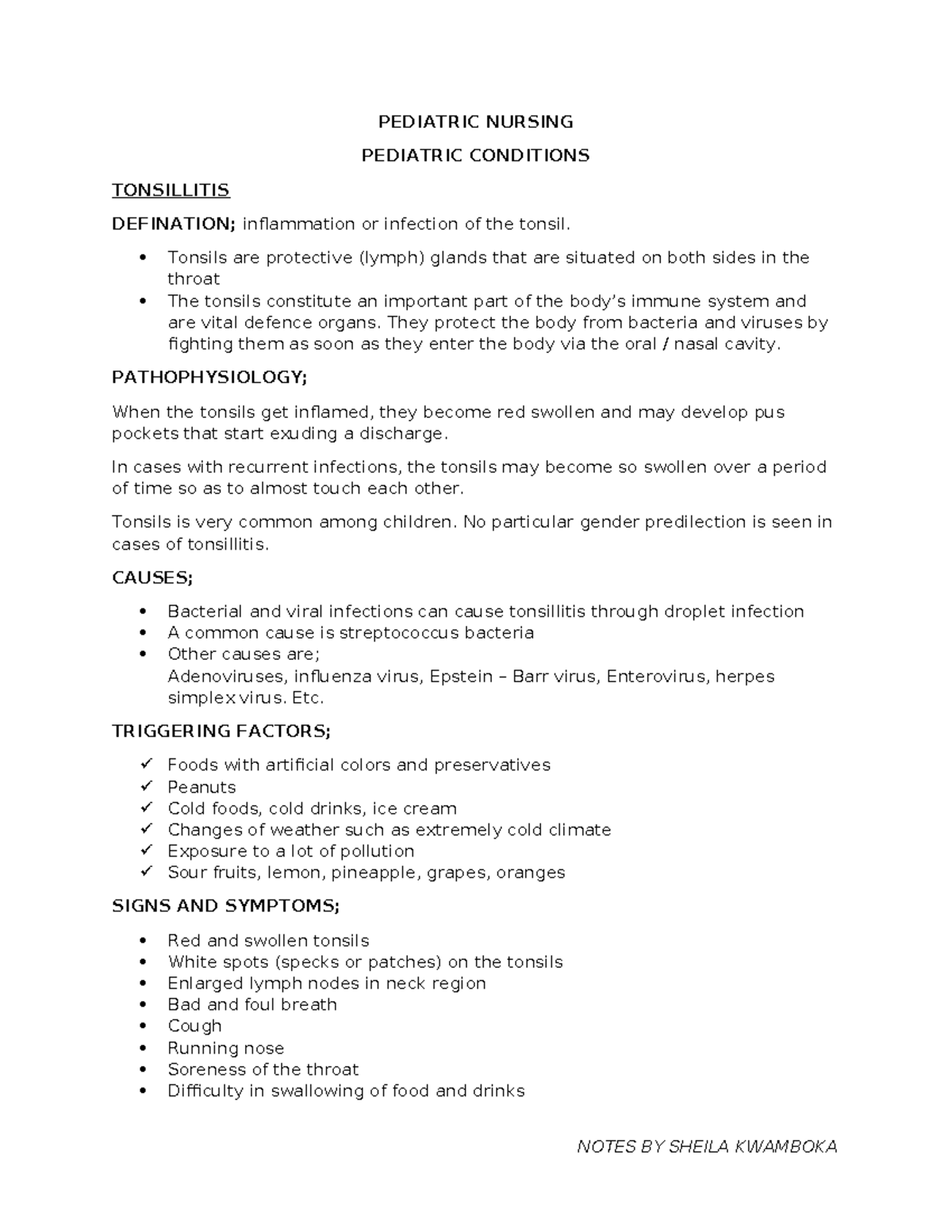 Peads notes for revision - PEDIATRIC NURSING PEDIATRIC CONDITIONS ...