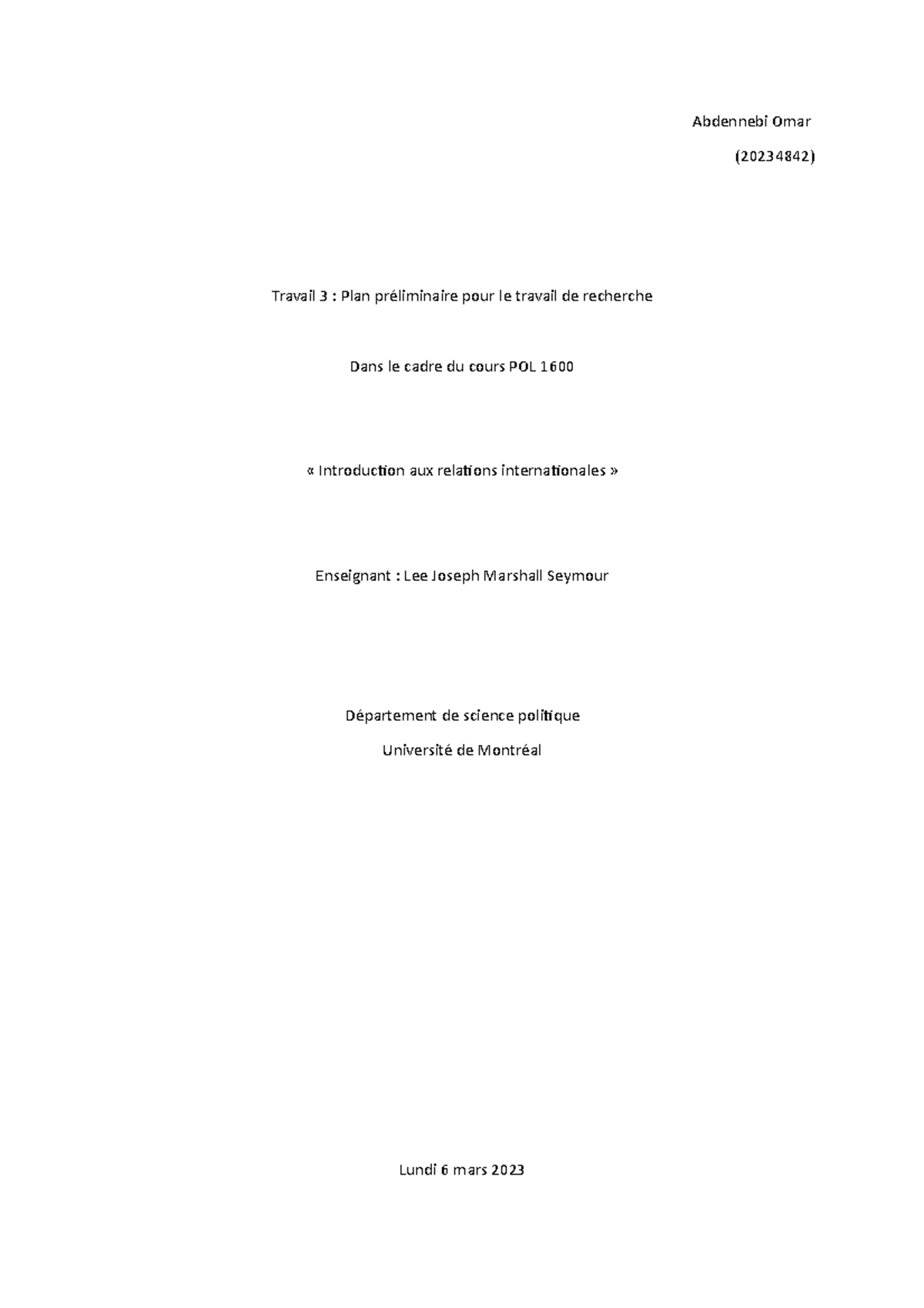 Travaill 3 - POL1600 - Abdennebi Omar (20234842) Travail 3 : Plan ...