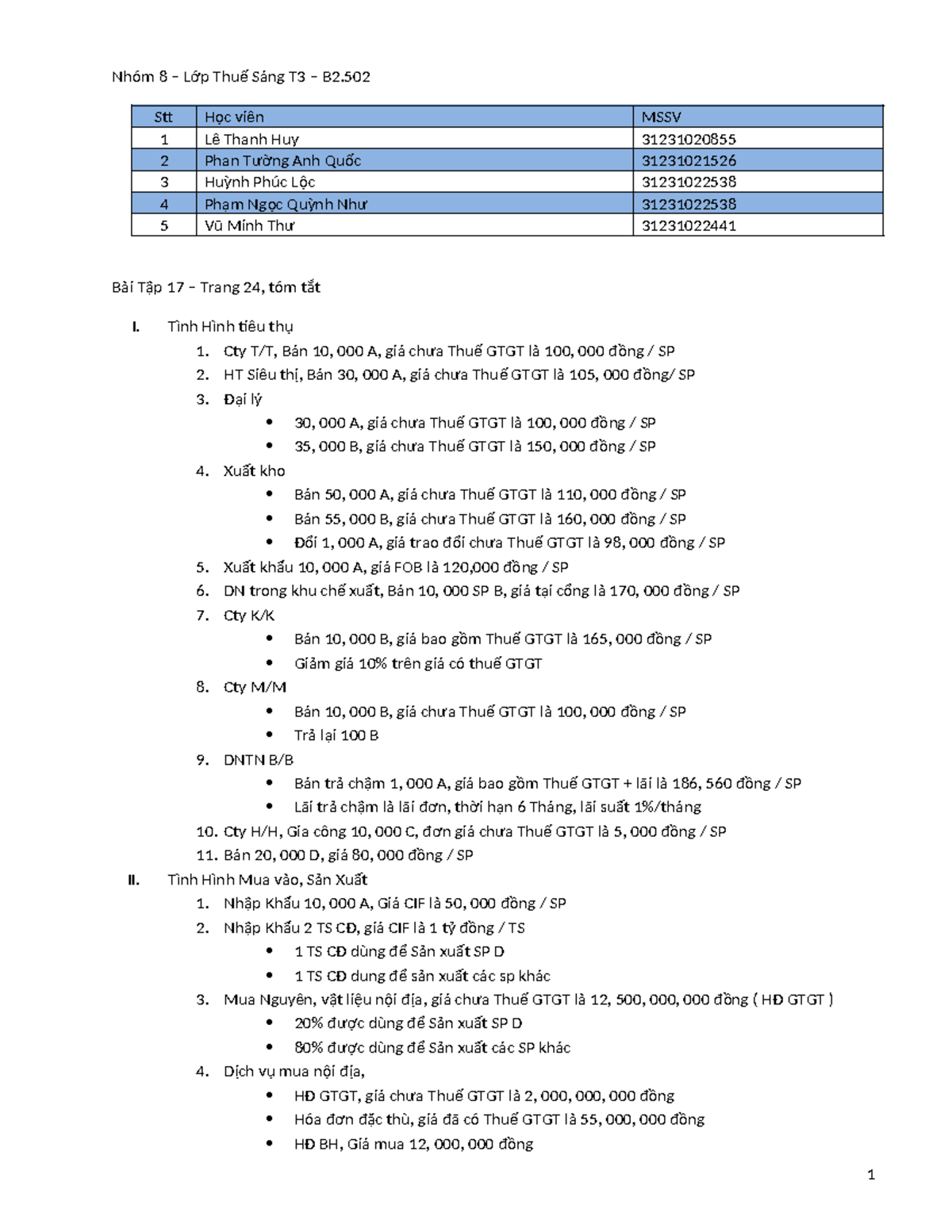 Nhóm 8 - Lớp Thuế Sáng T2 - Bài tập 23 - Nhóm 8 – Lớp Thuế Sáng T3 – B2. Stt Học viên MSSV 1 Lê ...