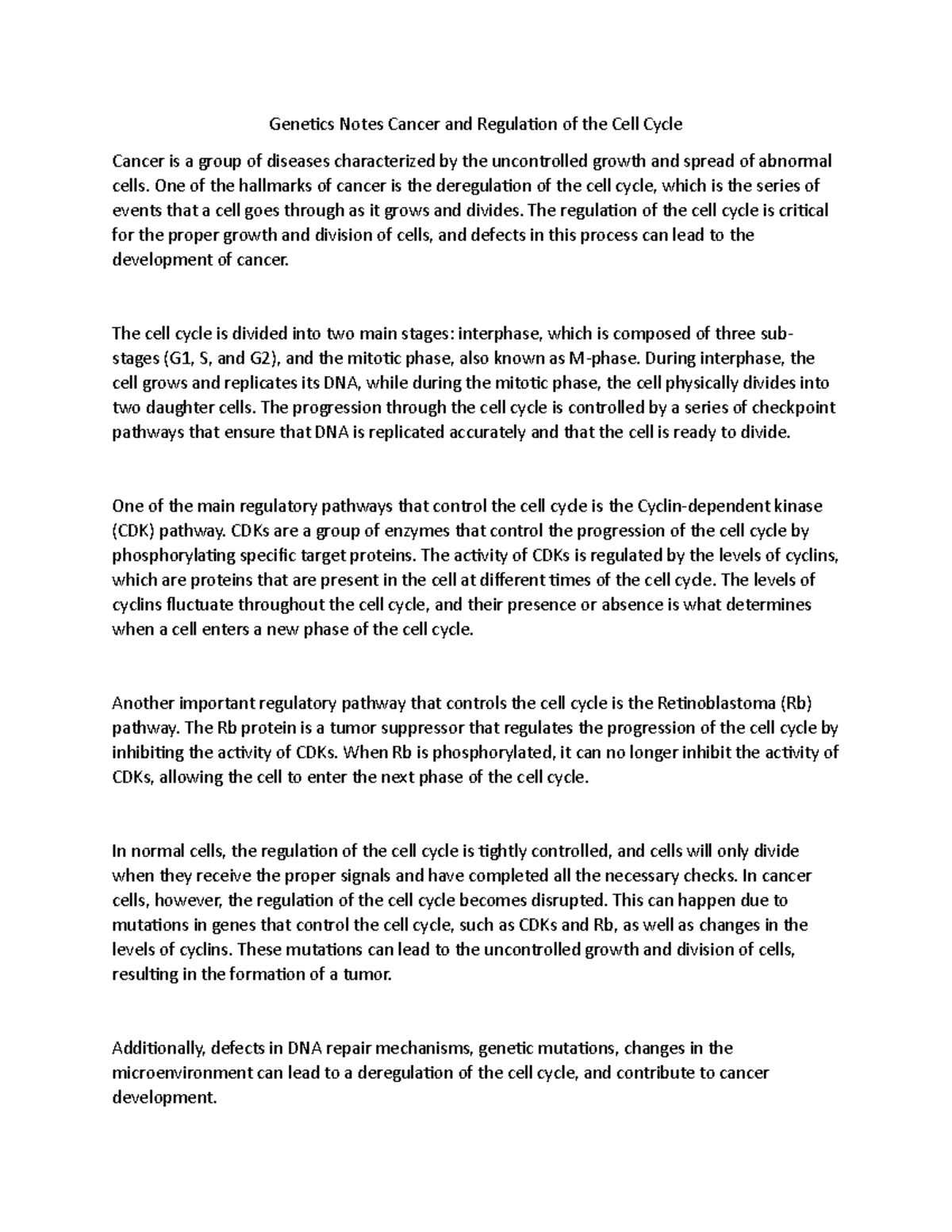 Genetics Notes Cancer and Regulation of the Cell Cycle - One of the ...