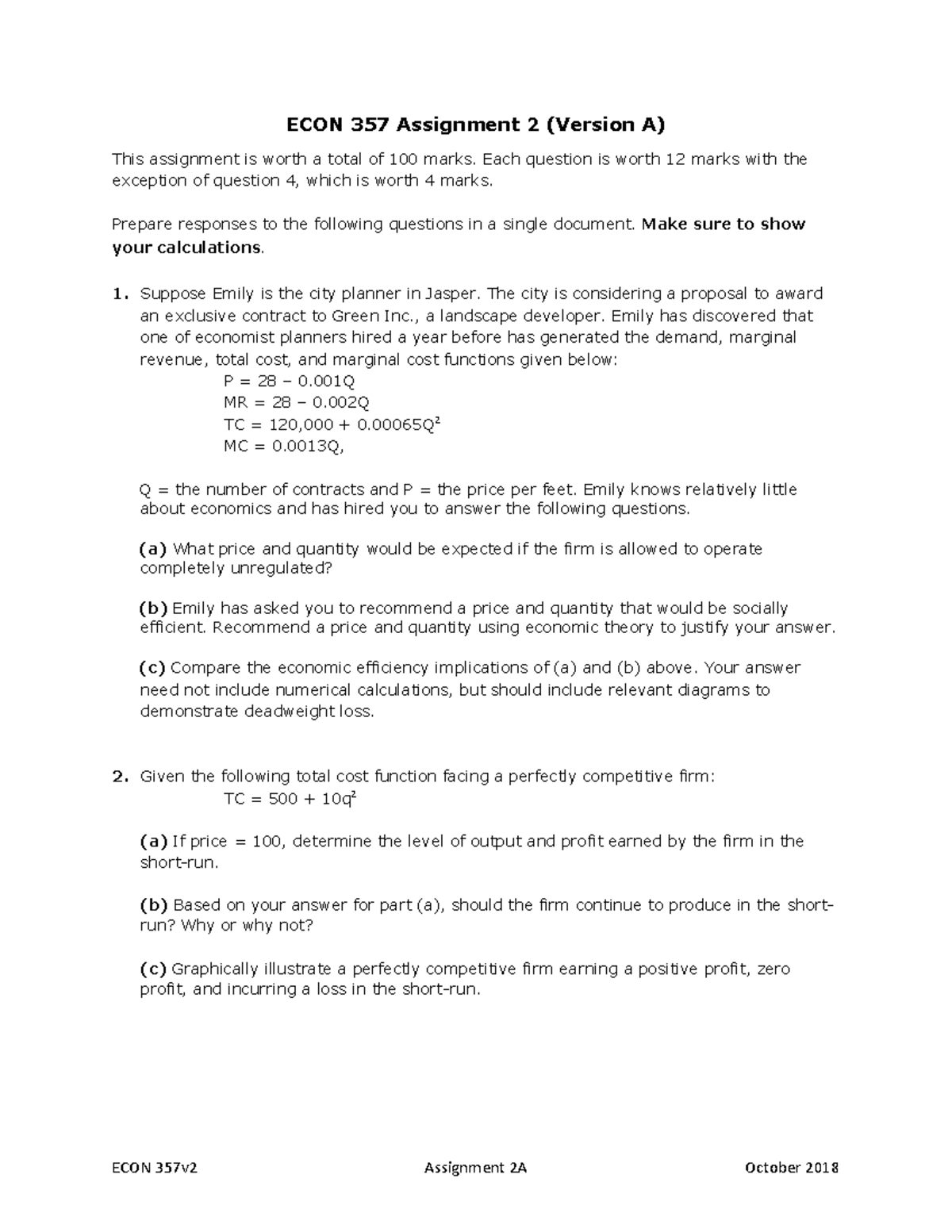 ECON357 v2 Assignment 2A Oct2018 - ECON 357 Assignment 2 (Version A ...
