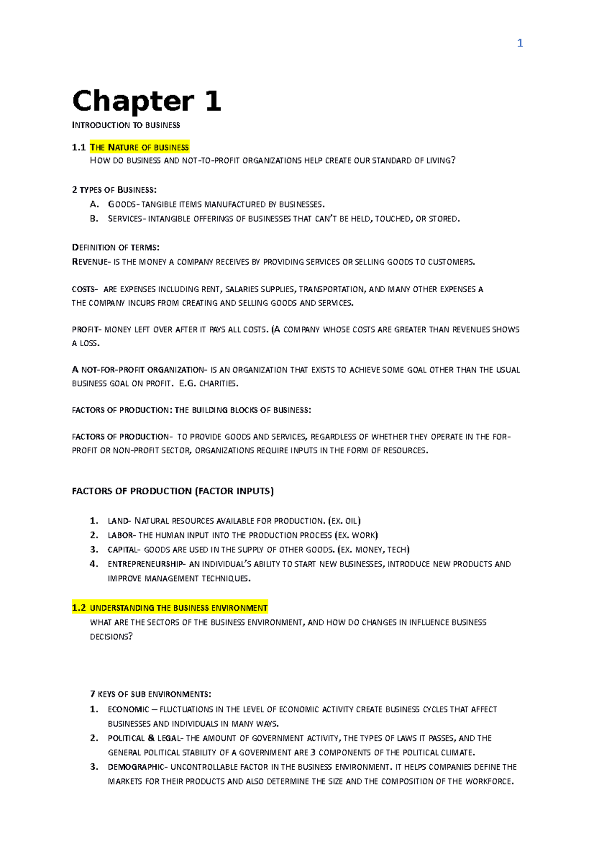 Lecture Chapter 1,2,3 & 4 - Chapter 1 INTRODUCTION TO BUSINESS 1 THE ...
