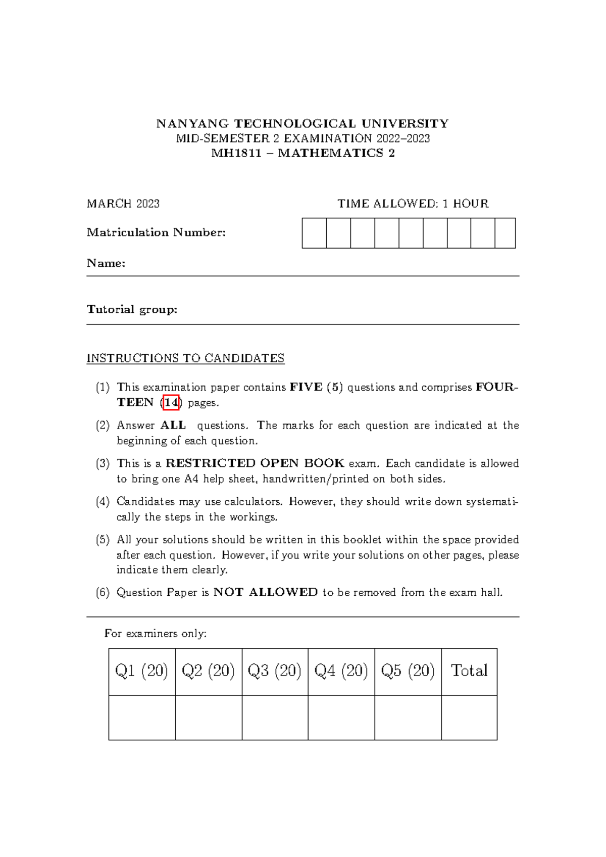 Midterm 22-23 solutions - NANYANG TECHNOLOGICAL UNIVERSITY MID-SEMESTER ...