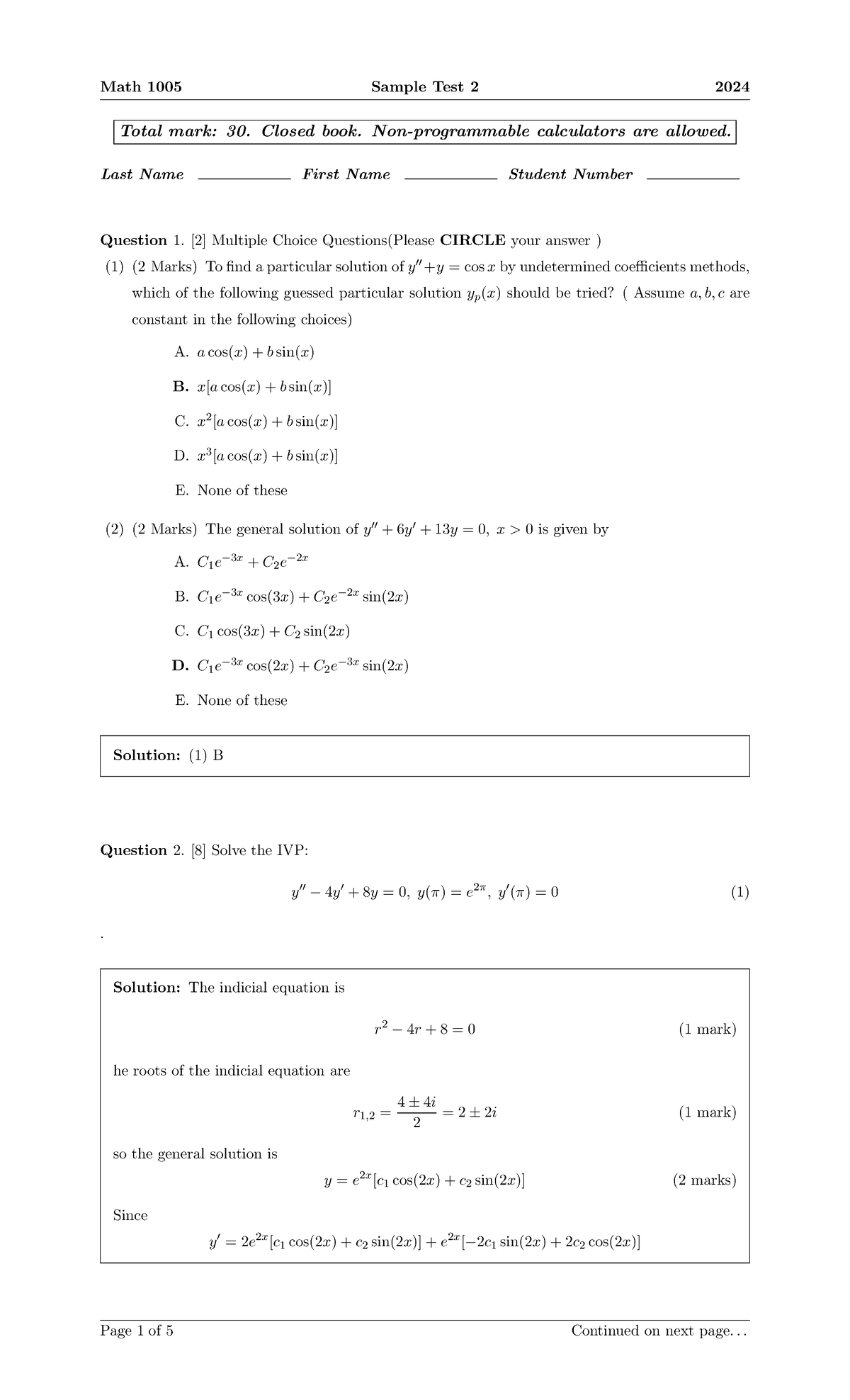 Test 2 sample solutions - Total mark: 30. Closed book. Non-programmable ...