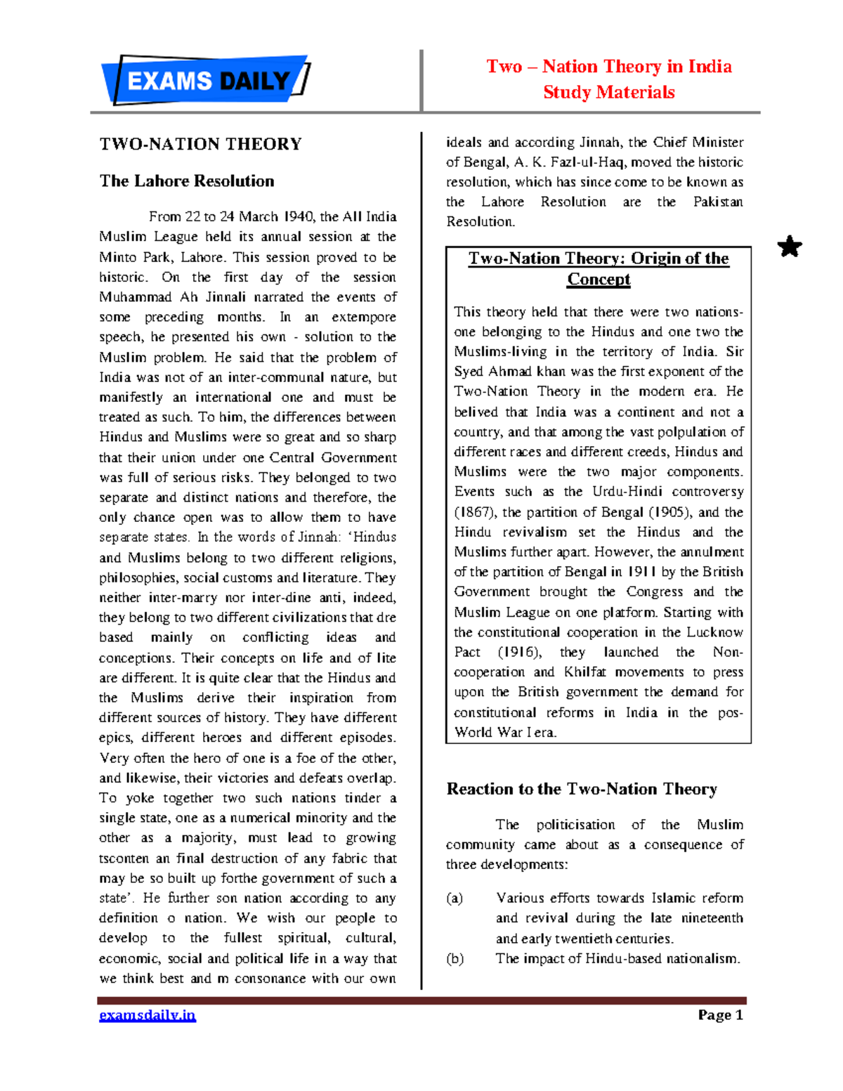 Two – Nation Theory in India Study Materials - Two – Nation Theory in ...