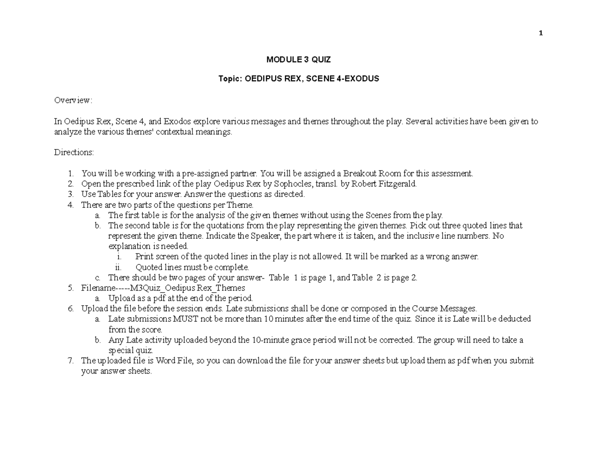 M3Quiz Oedipus Rex Themes - MODULE 3 QUIZ Topic: OEDIPUS REX, SCENE 4 ...