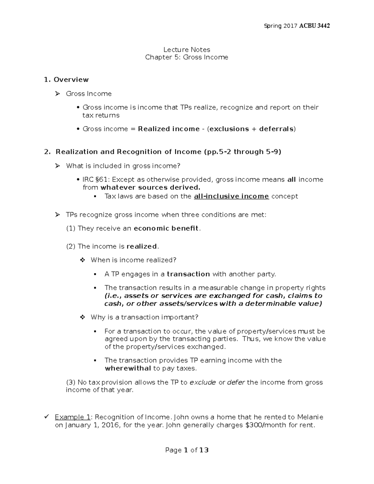 Chapter 5 Lecture Notes - Lecture Notes Chapter 5: Gross Income ...