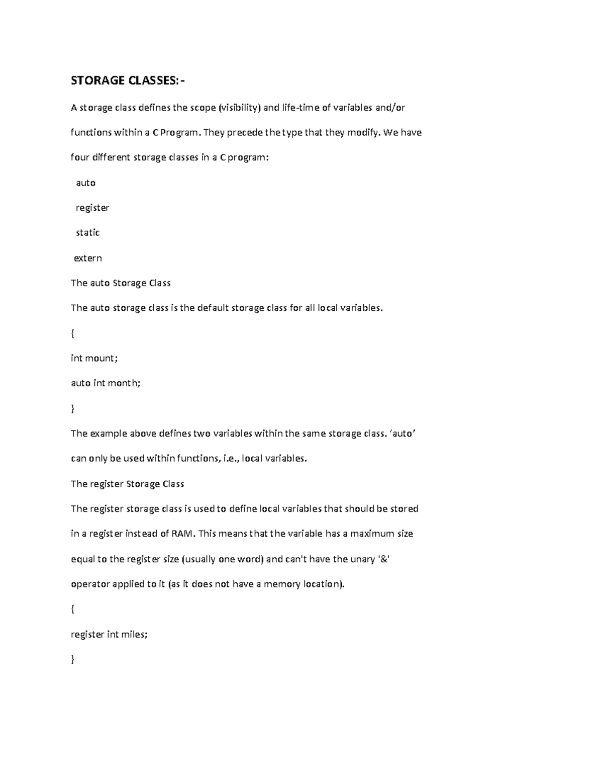 C Programming Lecture Note 3 Storage Classes A Storage Class Defines The Scope Visibility