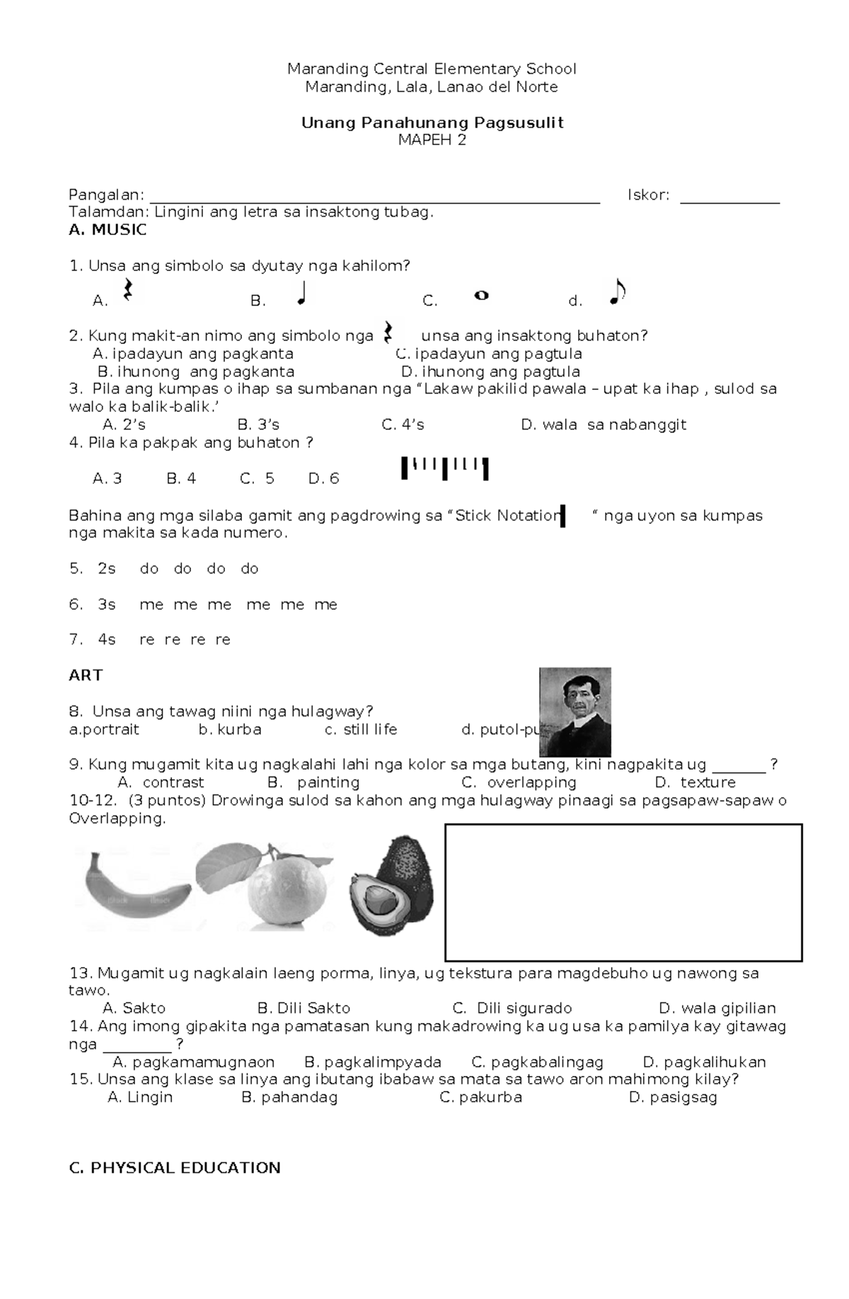 First Quarter Exam Mapeh - Maranding Central Elementary School ...