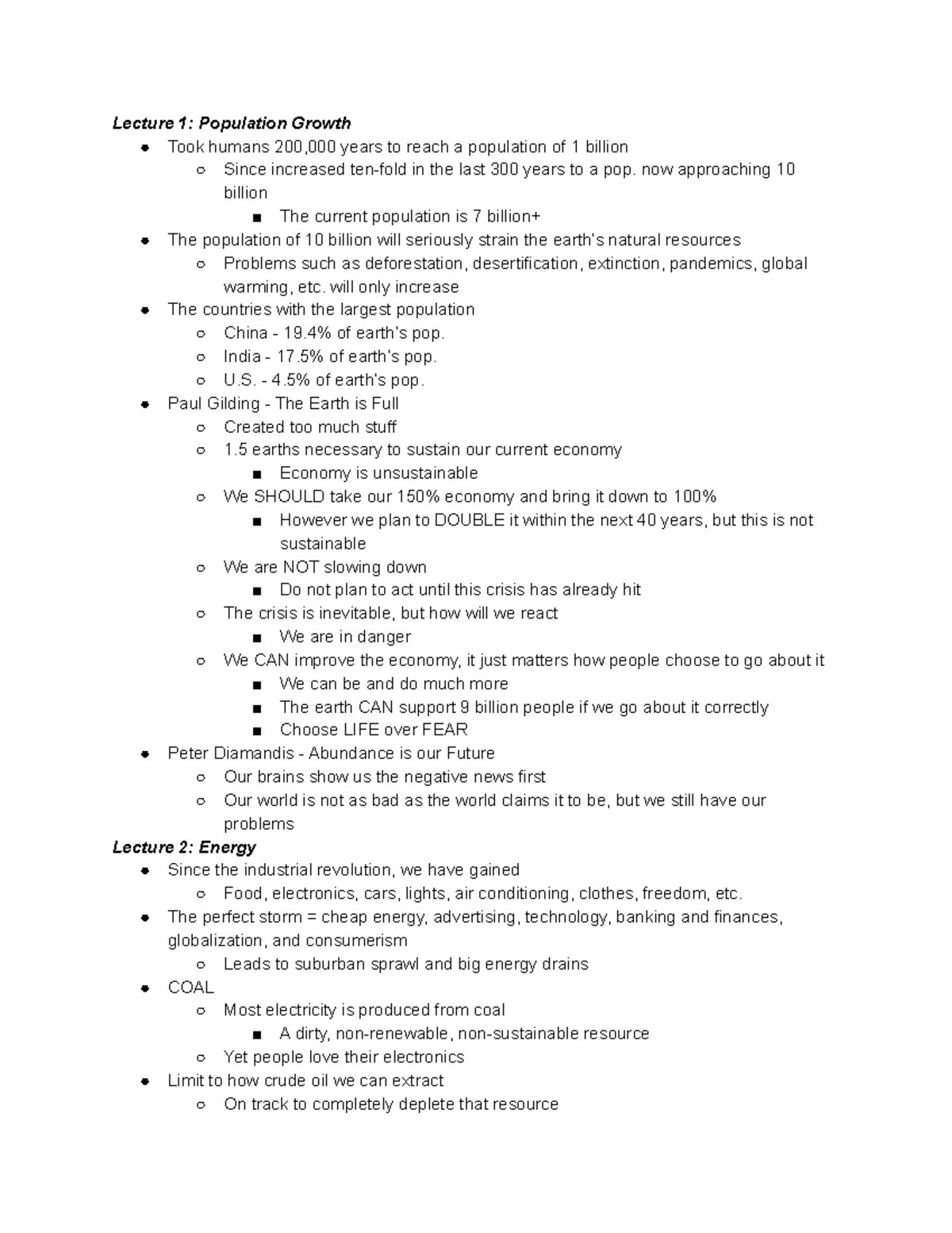 LAND 1500 - Lecture Notes - Lecture 1: Population Growth Took humans ...