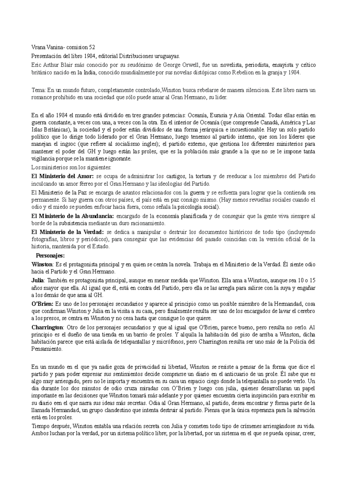 Presentacion 1984 - resumen 1984 - Vrana Vanina- comision 52 ...
