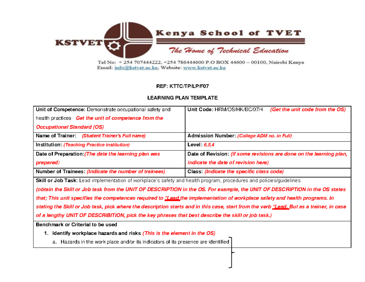 Learning Plan Template Draft - REF: KTTC/TP/LP/F LEARNING PLAN TEMPLATE ...