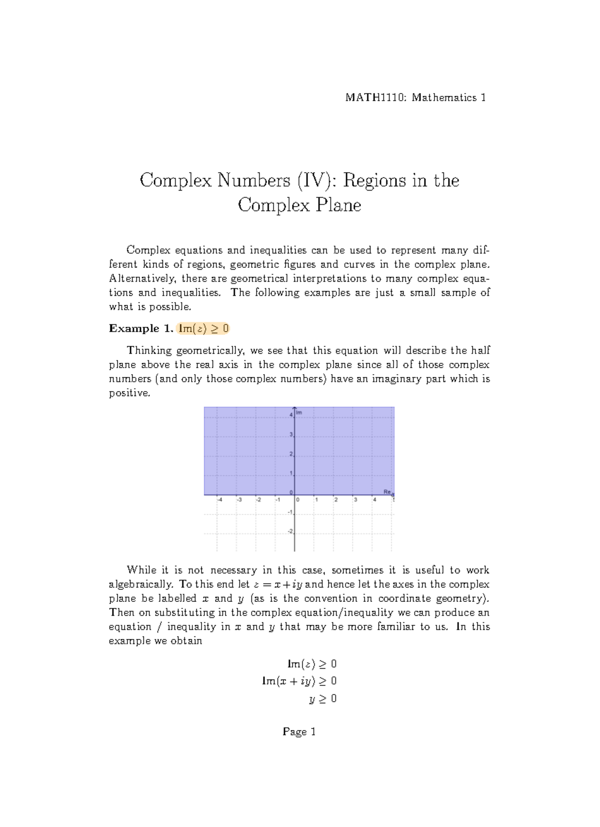 Lecture 6 - Complex Numbers IV - Complex Numbers (IV): Regions in the ...