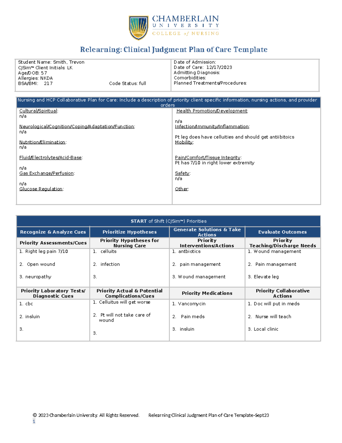 Care plan 4 - care plan - Student Name: Smith, Trevon CJSim™ Client ...