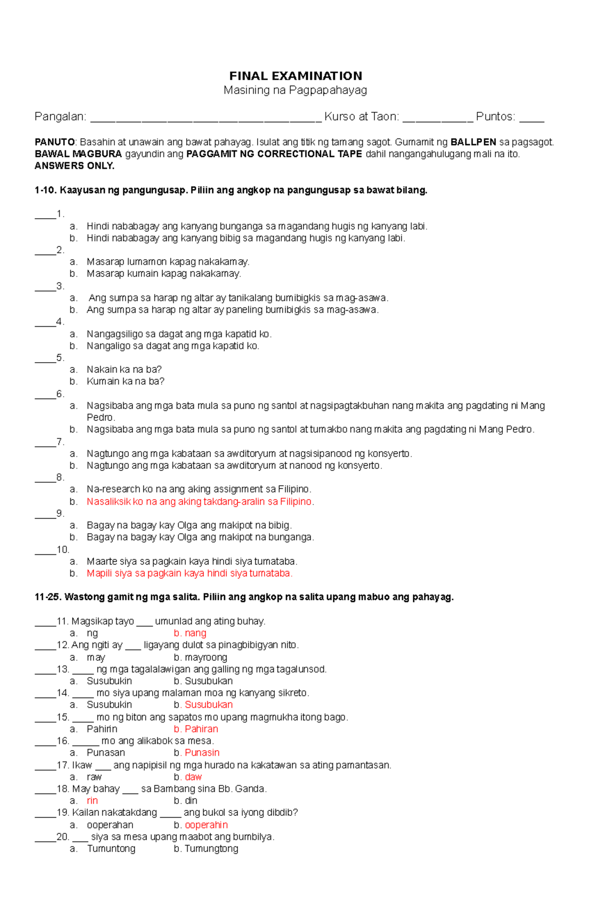 Final Examination Masining na Pagpapahayag - Physical education - UBian - Studocu