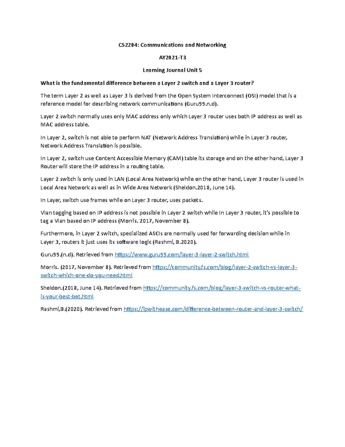 CS2204 Learning Journal Unit 5 - CS2204: Communications and Networking AY2021-T Learning Journal ...