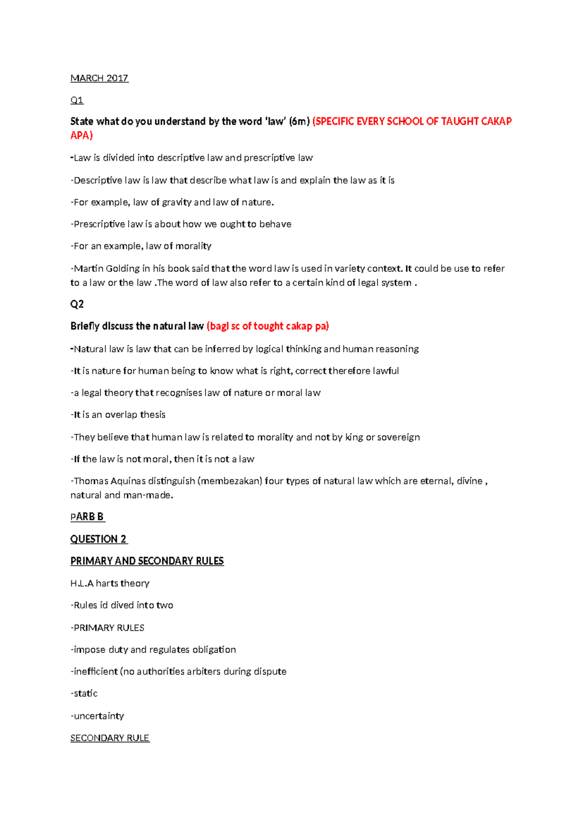 Answer LAW 034 - MARCH 2017 Q State what do you understand by the word ...